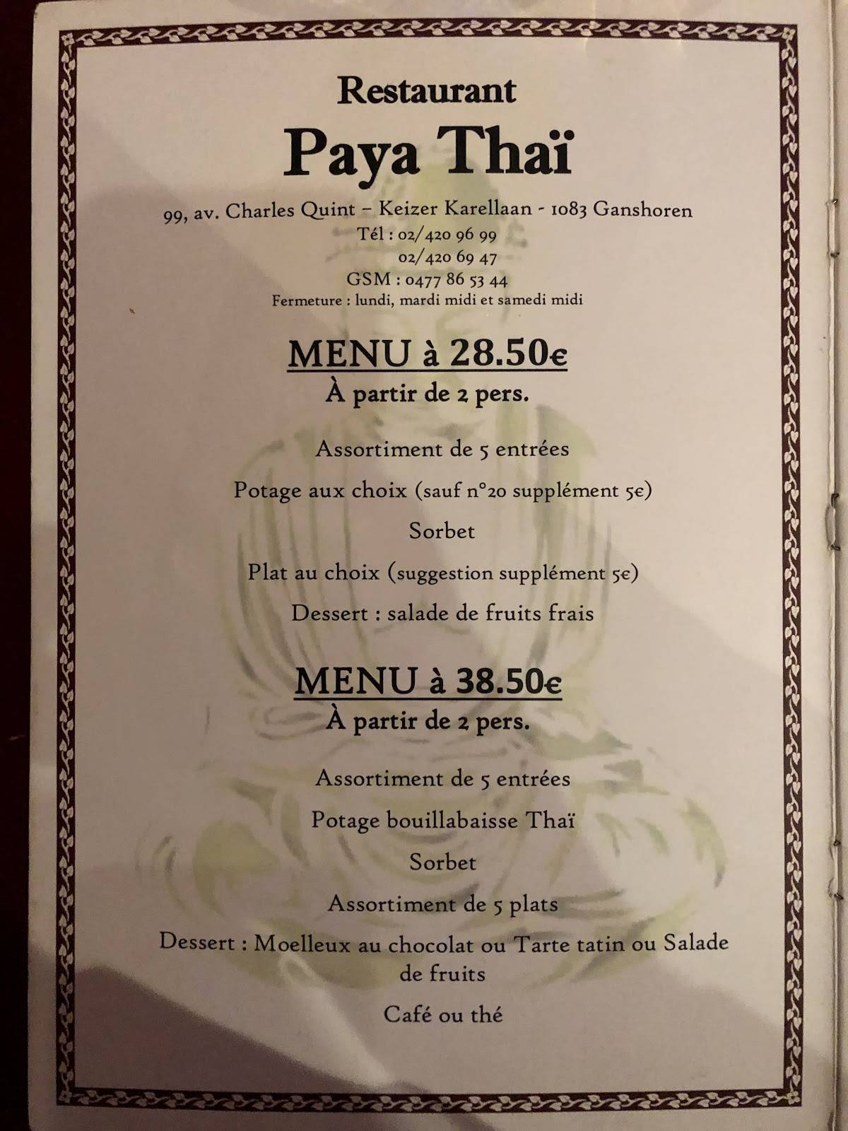 Menu au Paya Thai, Ganshoren, Av. Charles-Quint 99