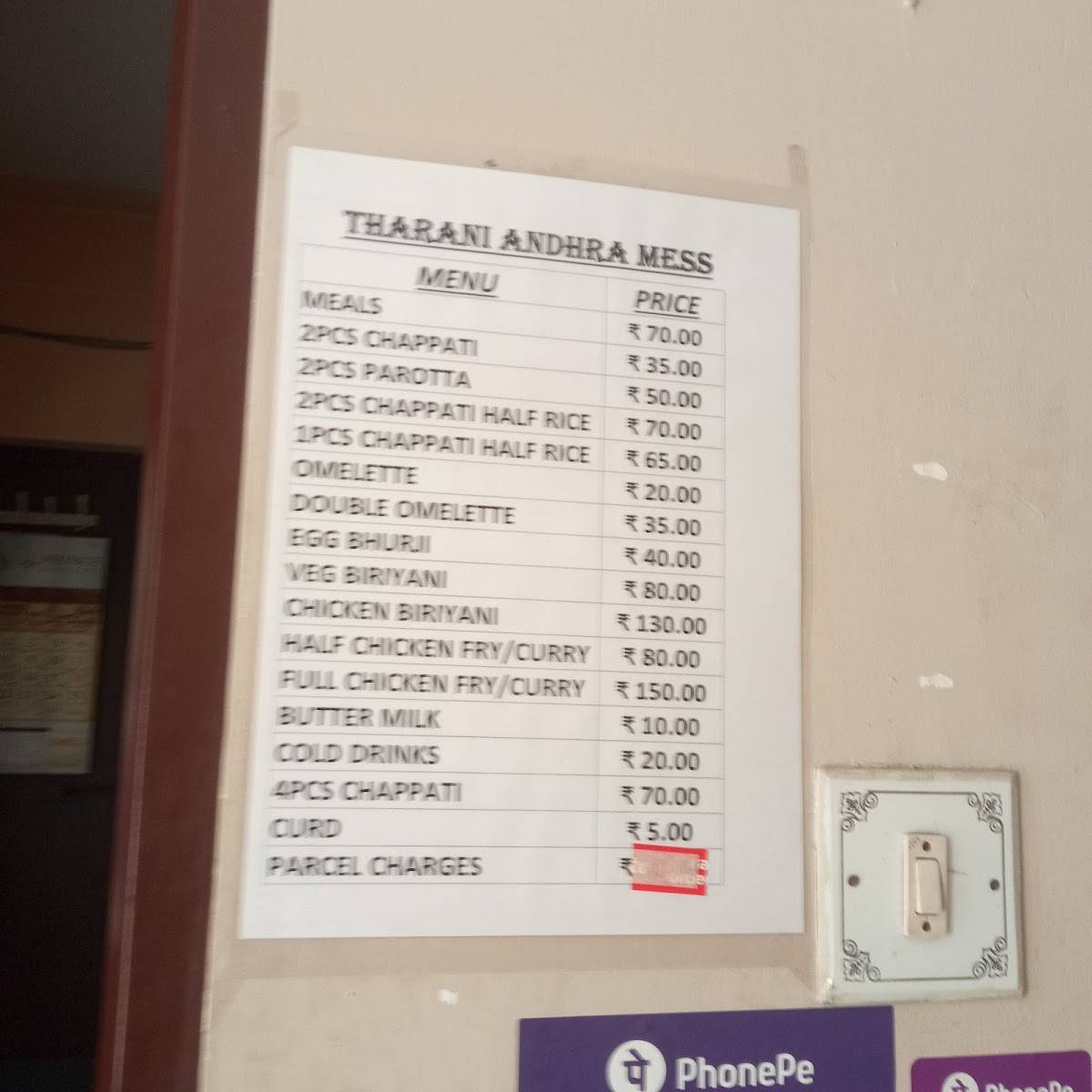 Menu at Tharani Andhra Mess, Bengaluru