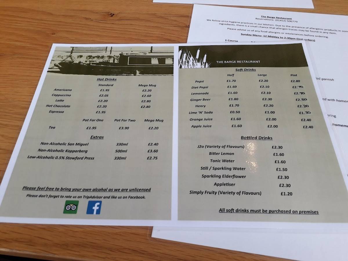 Menu at The Barge Restaurant, Gloucester
