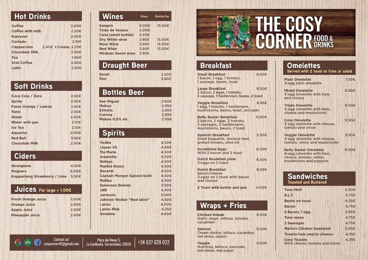 Menu at The Cosy Corner Bar, Torremolinos