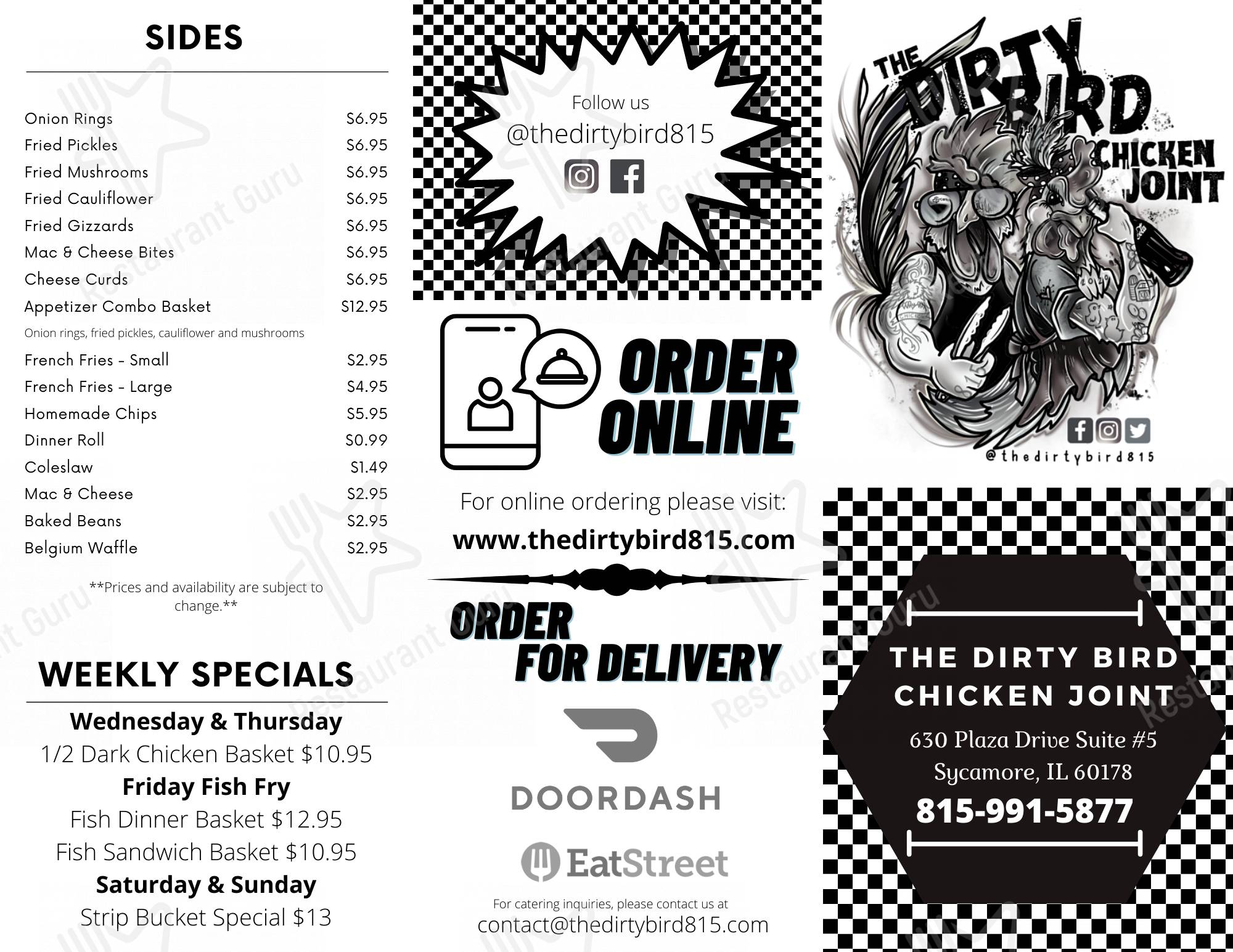 Menu at The Dirty Bird restaurant, Sycamore