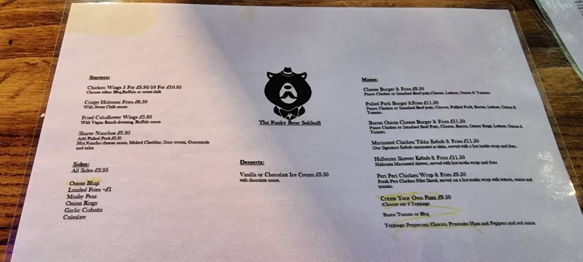 Menu at The Funky Bear pub & bar, Solihull