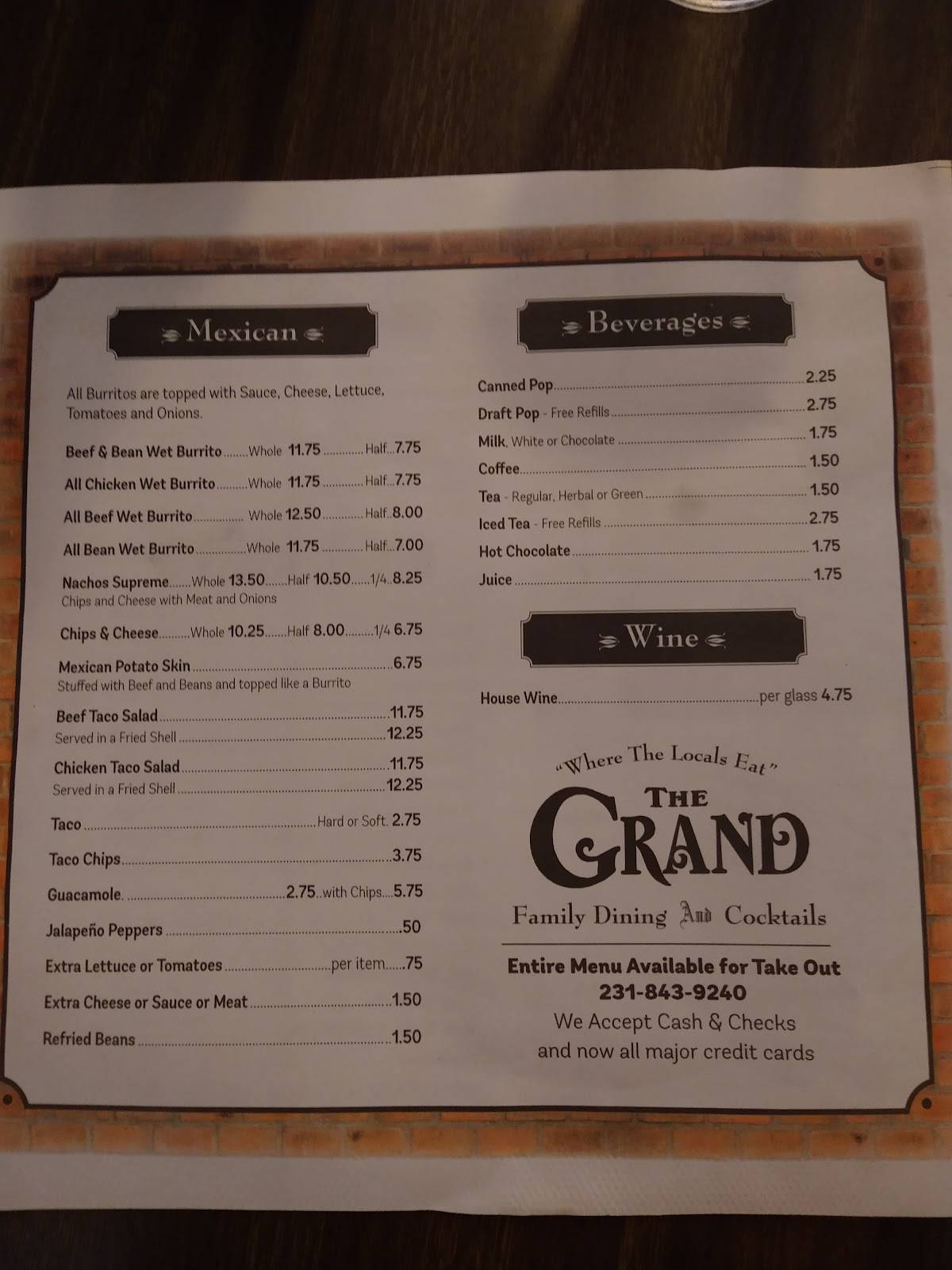 Menu at The Grand - Family Dining & Cocktails restaurant, Ludington