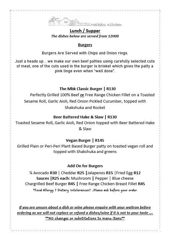 Menu at The Melkbos Kitchen restaurant, Cape Town