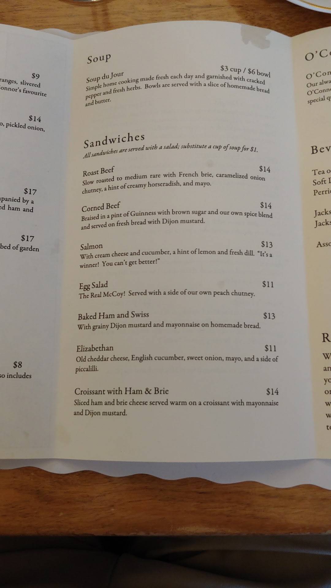 Menu at The O’Connor House English Tea Room restaurant, Deseronto