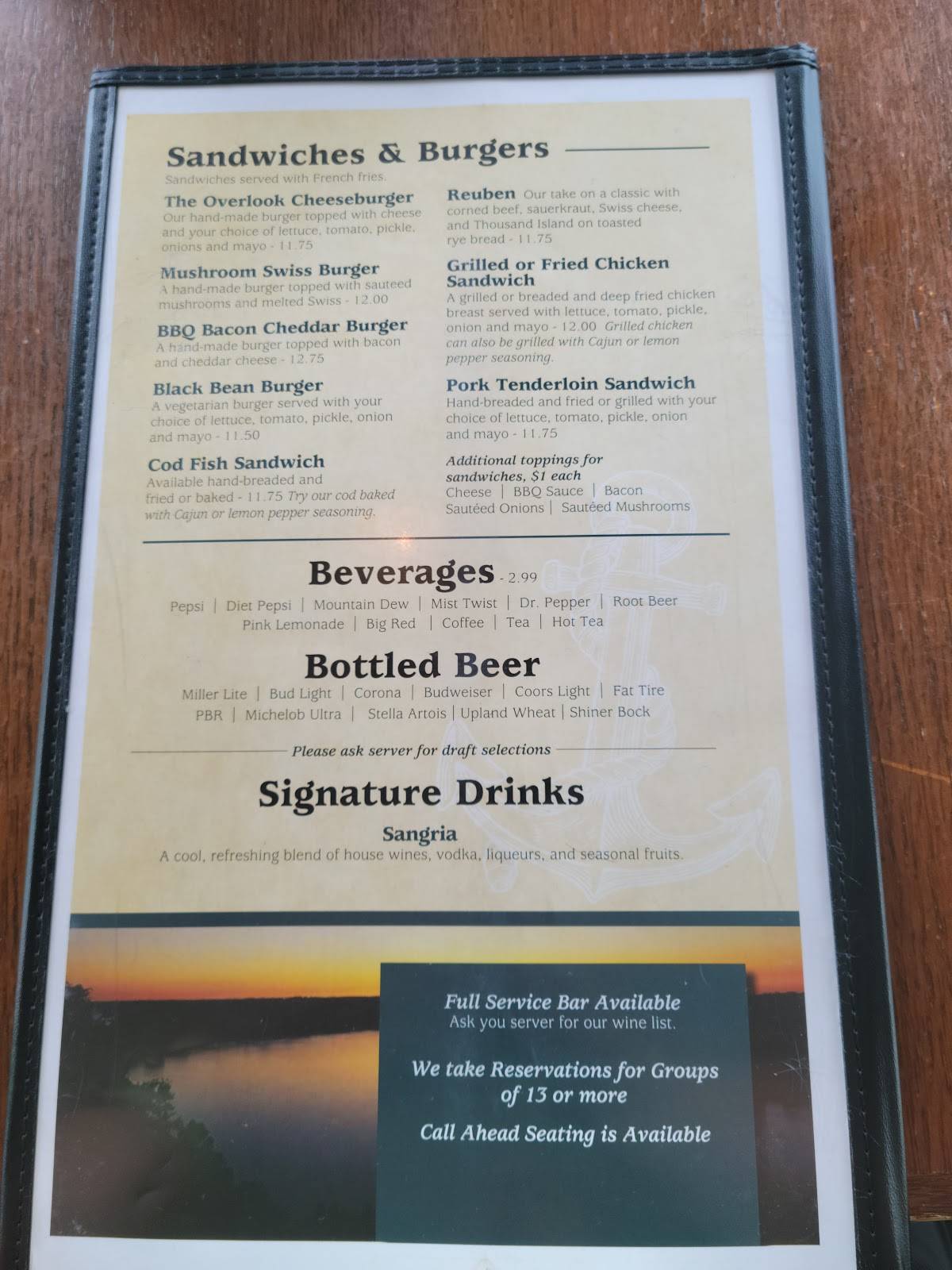 Menu at The Overlook Restaurant, Leavenworth