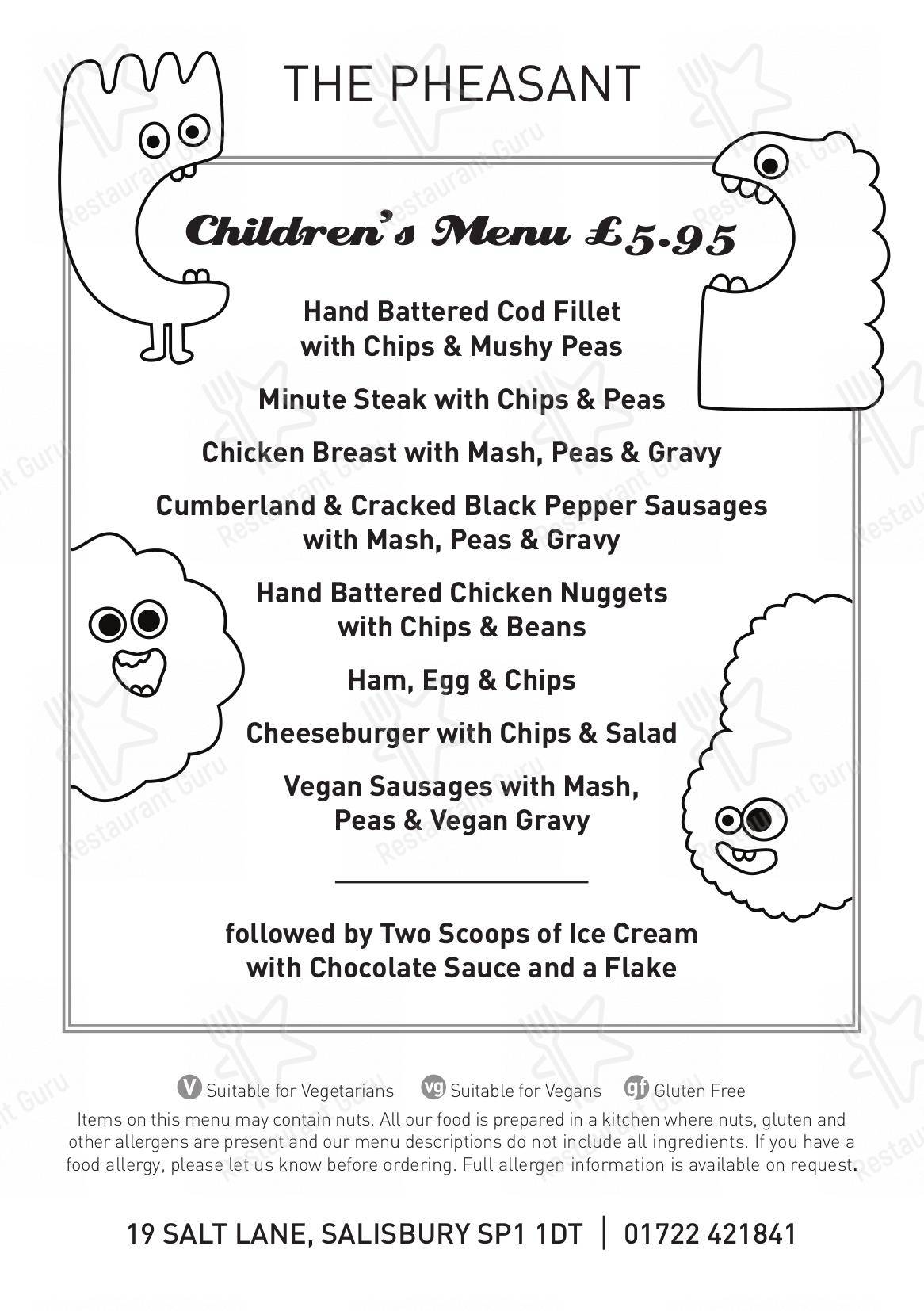 Menu at The Pheasant Inn restaurant, Salisbury