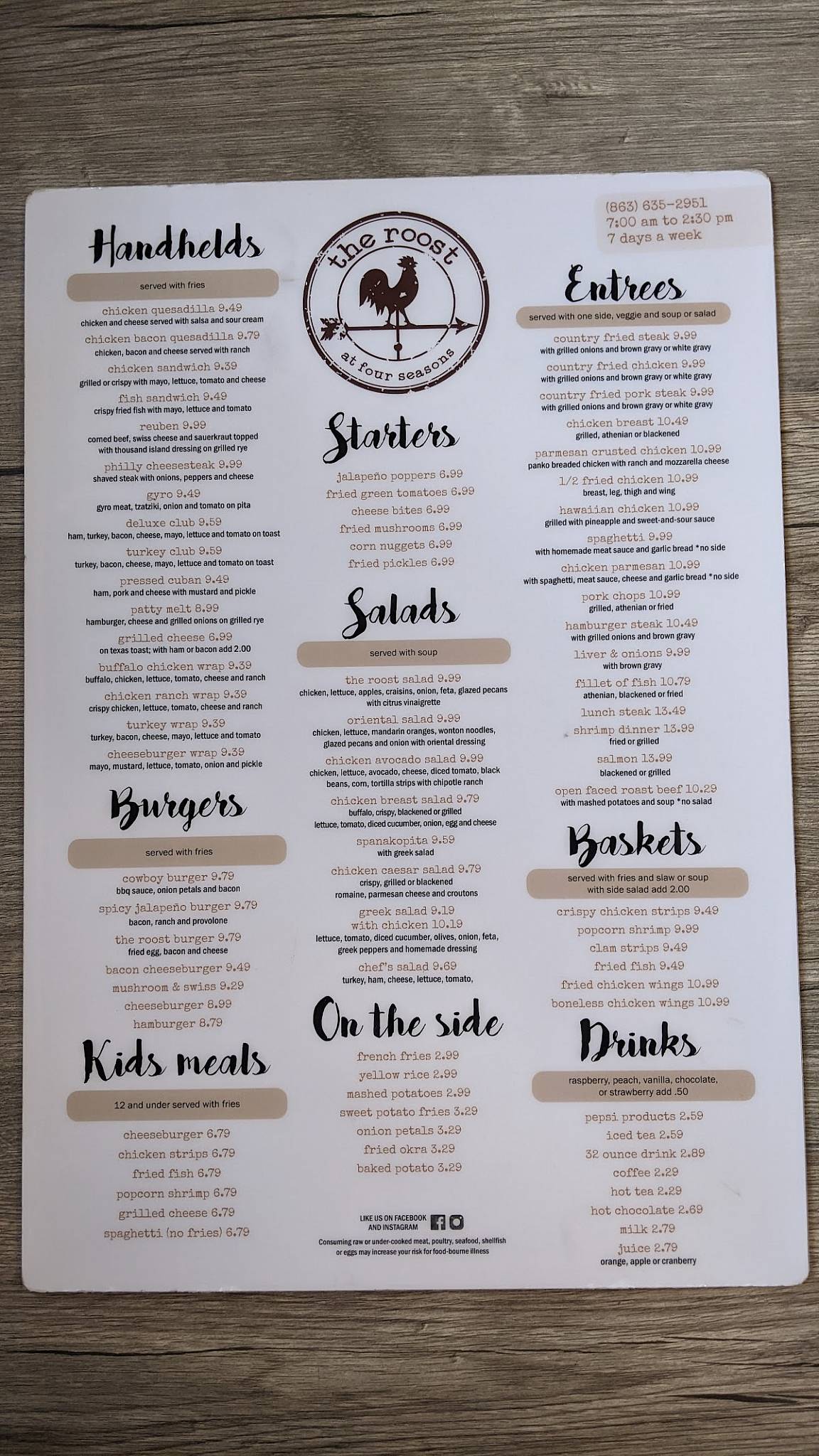 Menu at The Roost at Four Seasons restaurant, Frostproof, US Hwy 27