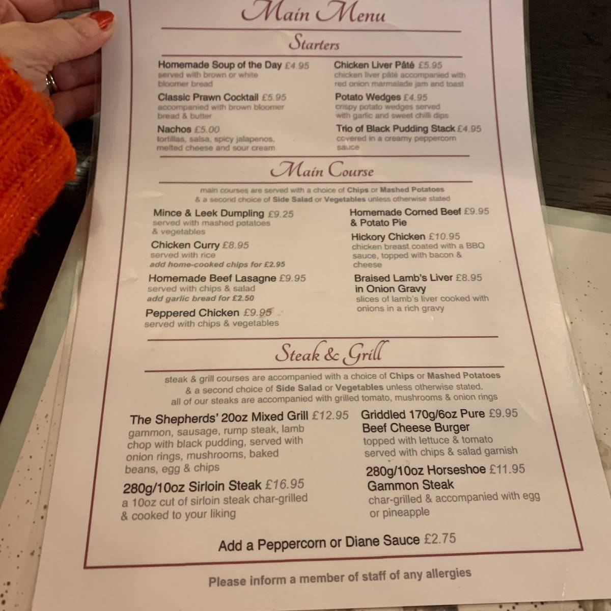 Menu at The Shepherd & Shepherdess Inn restaurant, Stanley