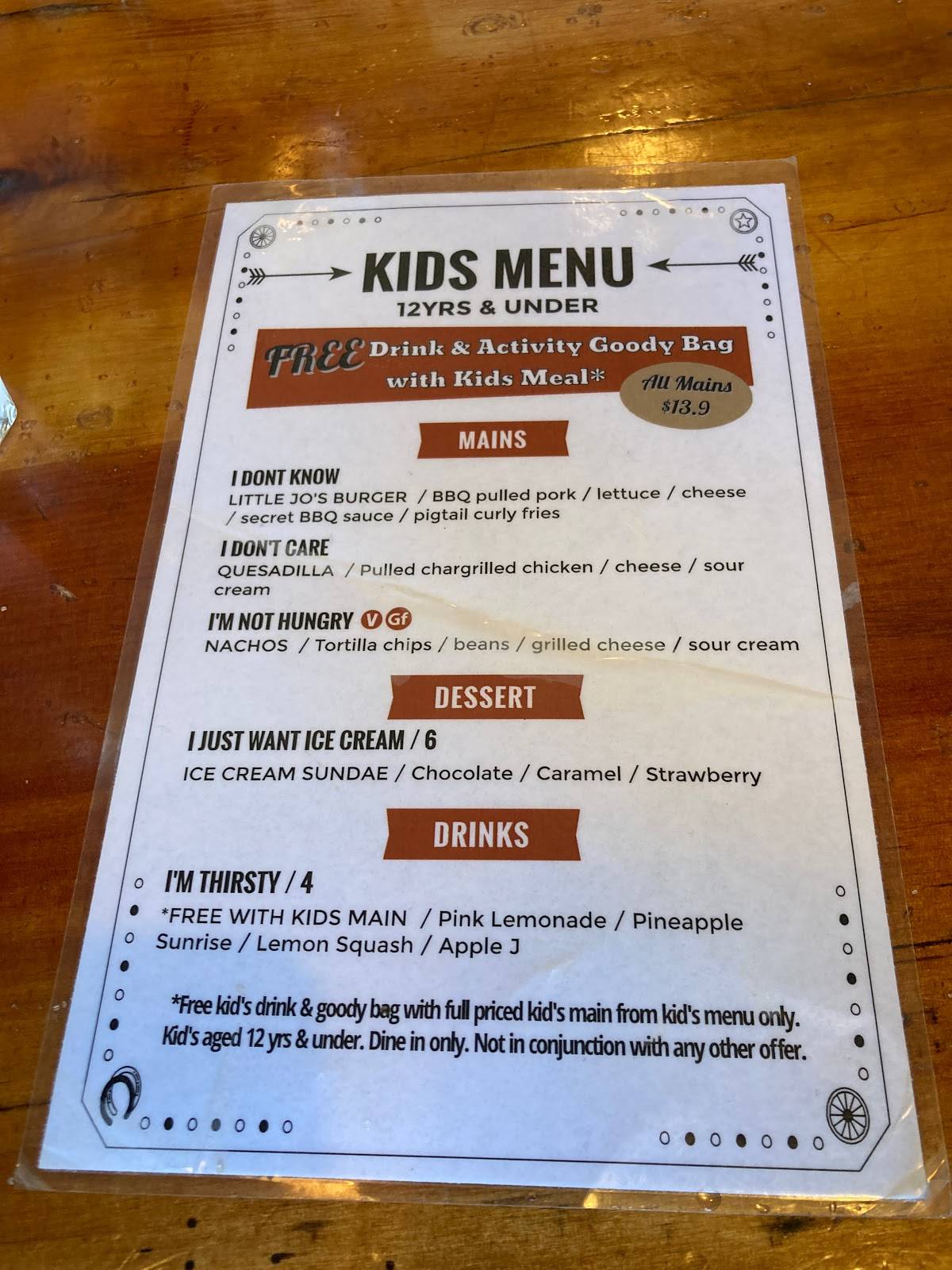 Menu at The Smoking Barrel, Motueka