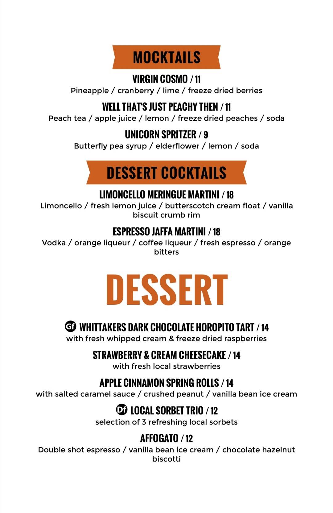 Menu at The Smoking Barrel, Motueka