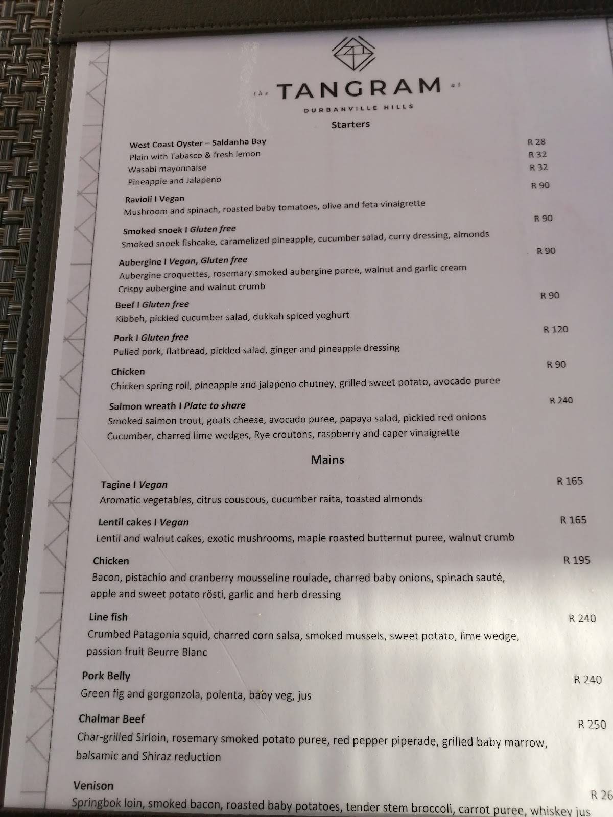 Menu at The Tangram Restaurant, Cape Town