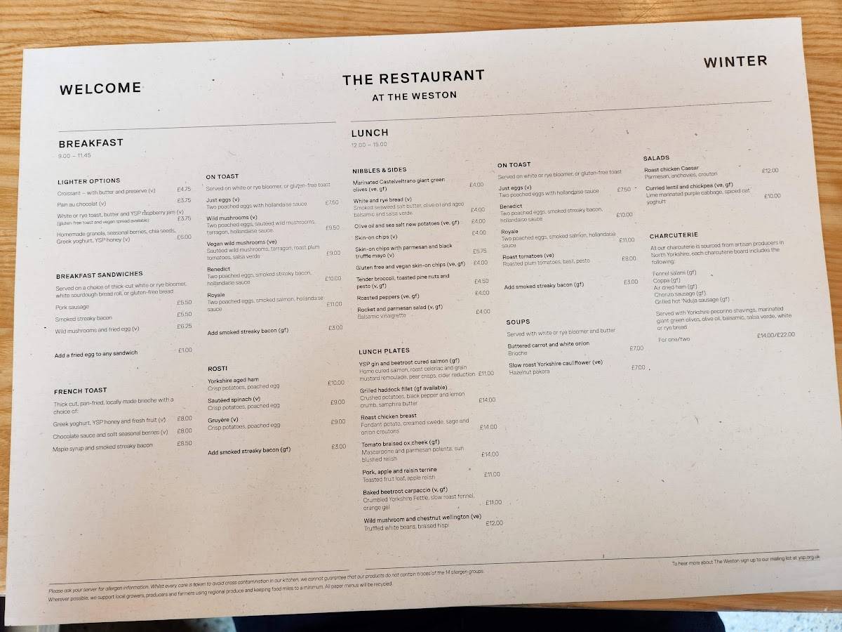 Menu at The Weston restaurant, West Bretton