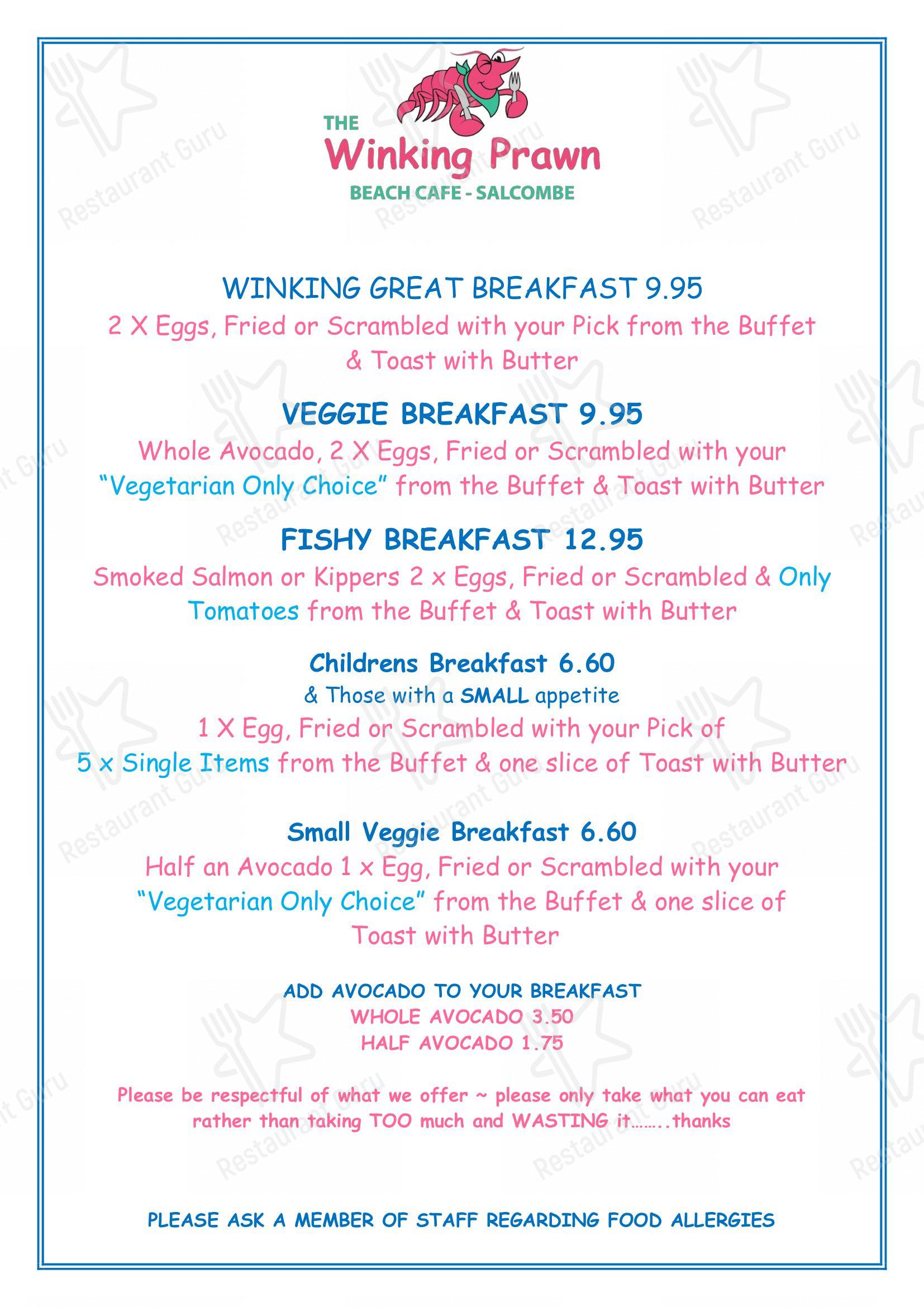 Menu at The Winking Prawn restaurant, Salcombe