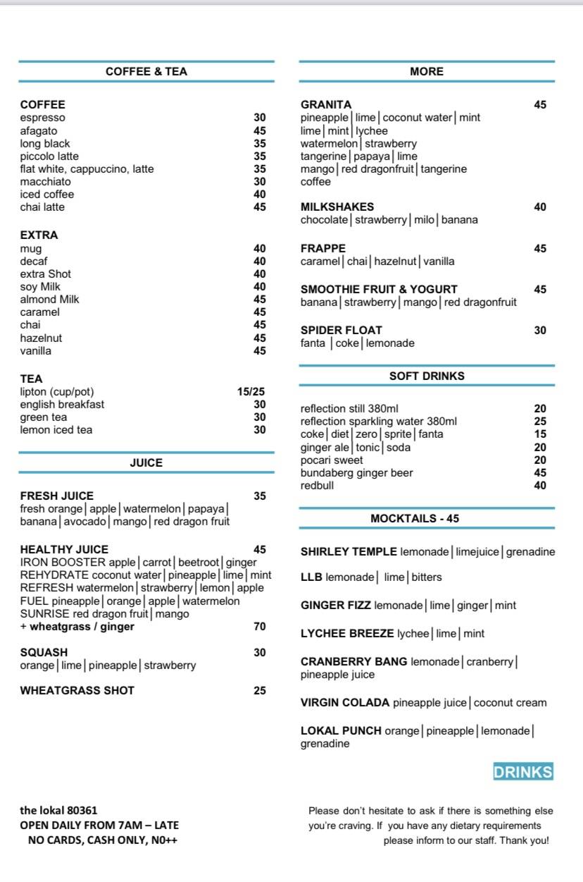 Menu at The Lokal 80361 restaurant, Kuta