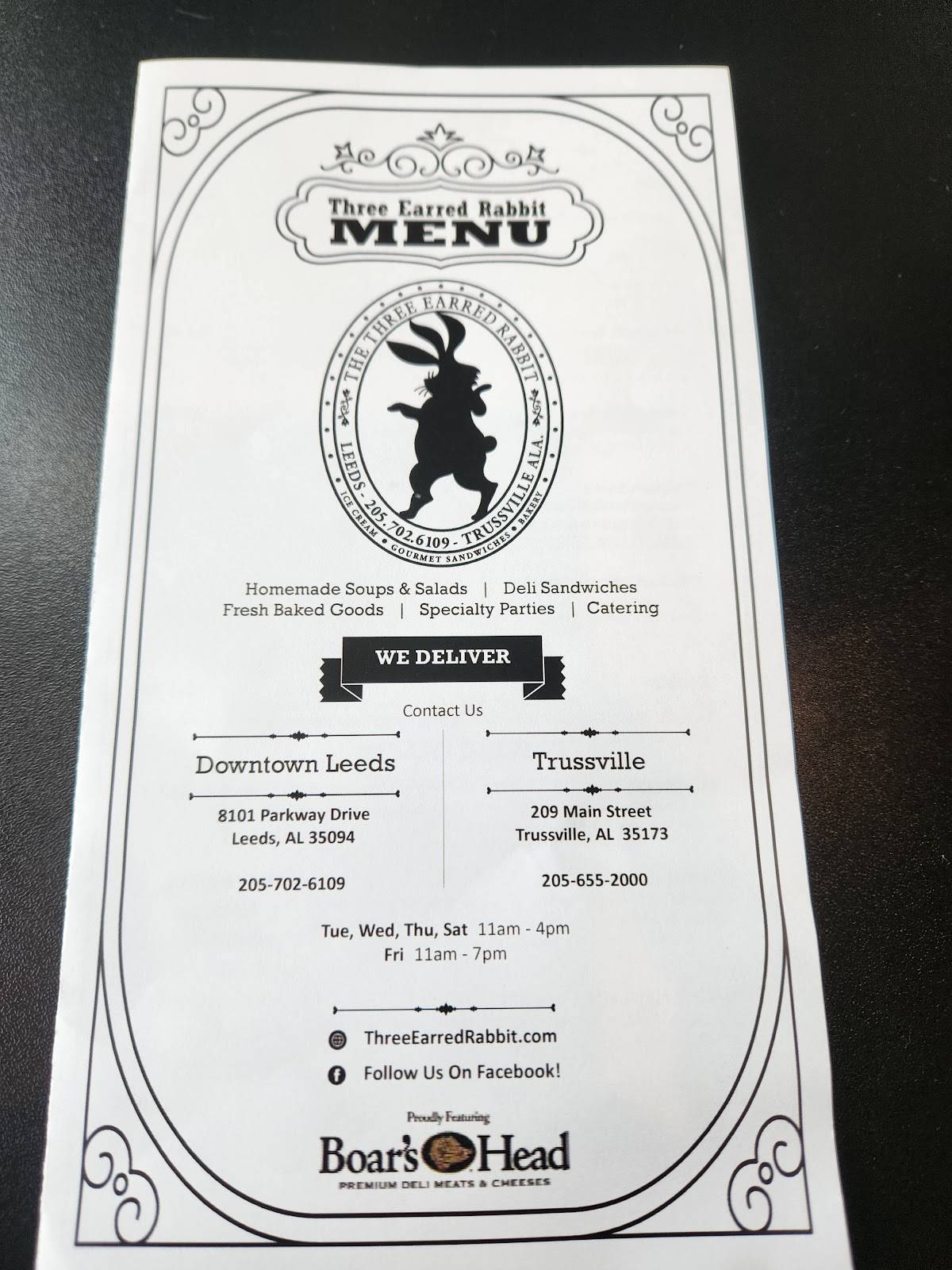 Menu at Three Earred Rabbit restaurant, Leeds