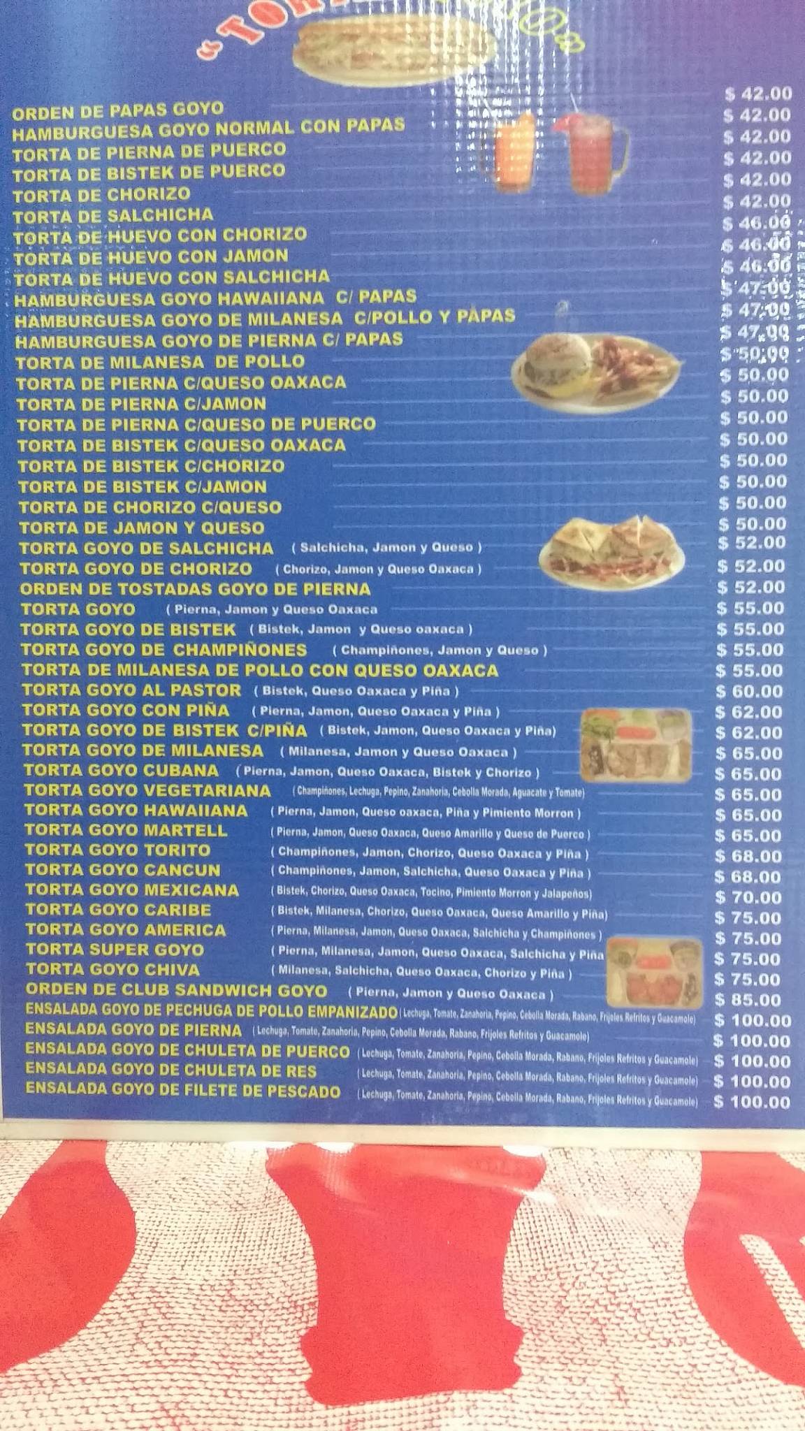 Carta del restaurante Tortas Goyo, Cancún, Av. Francisco I. Madero SM 70