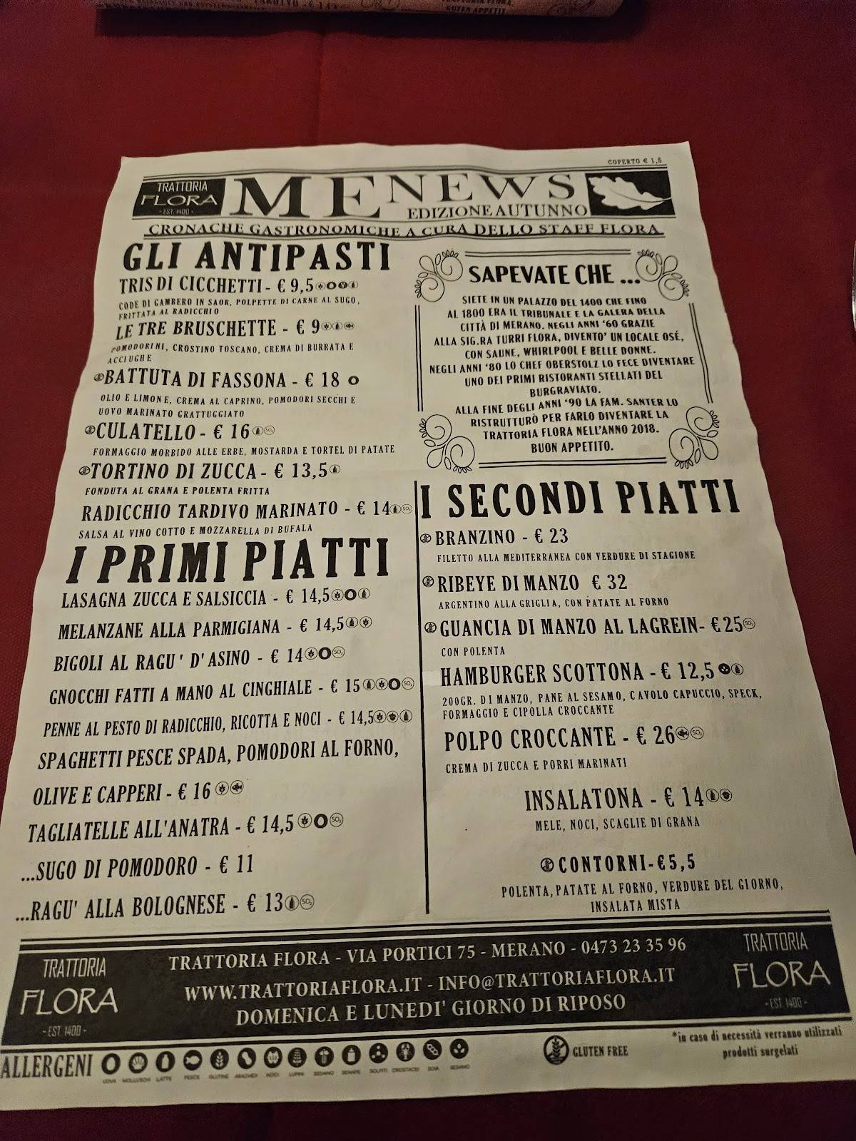 Menu da Trattoria Flora ristorante, Merano