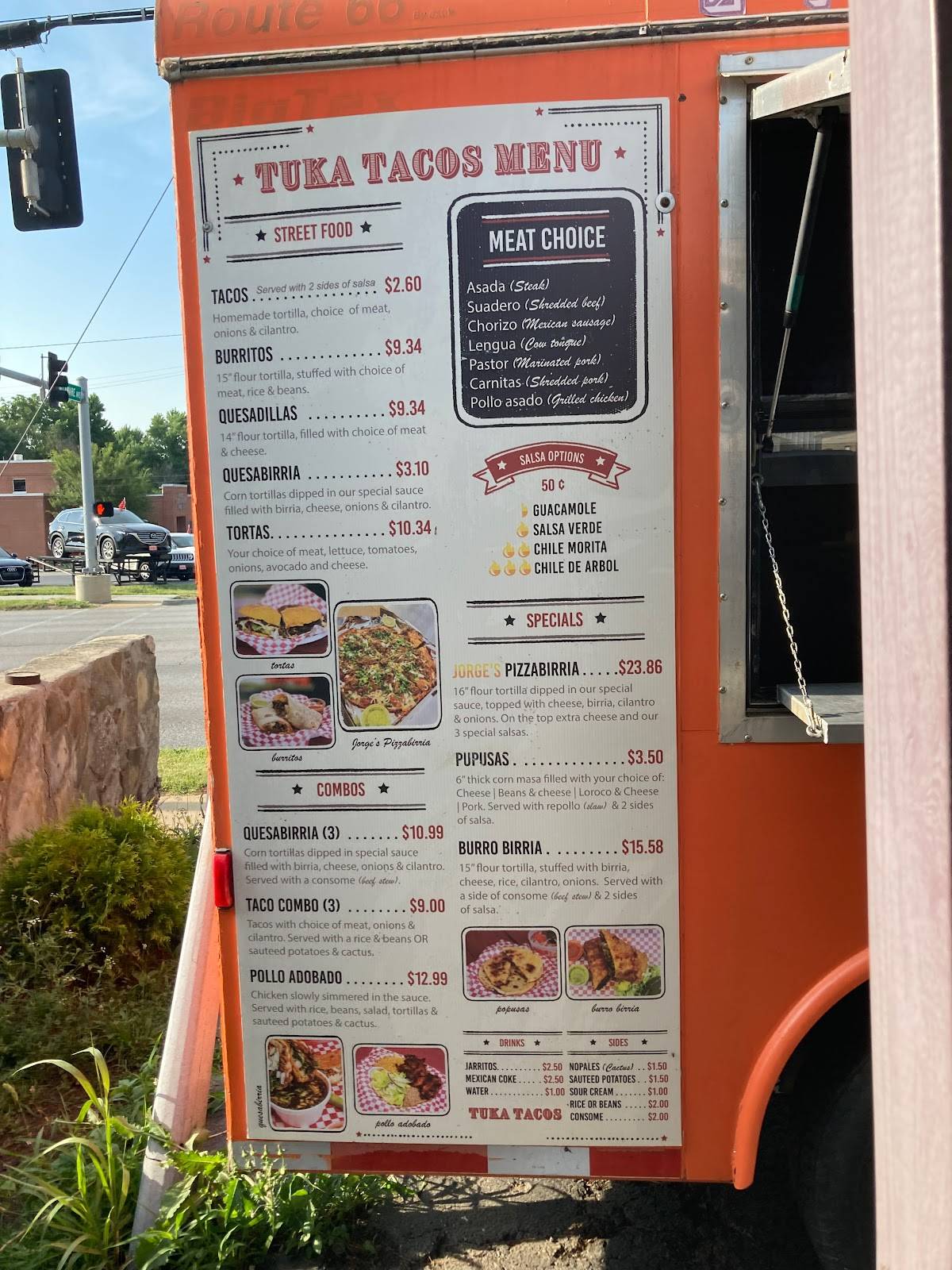 Menu at Tuka Tacos restaurant, Springfield
