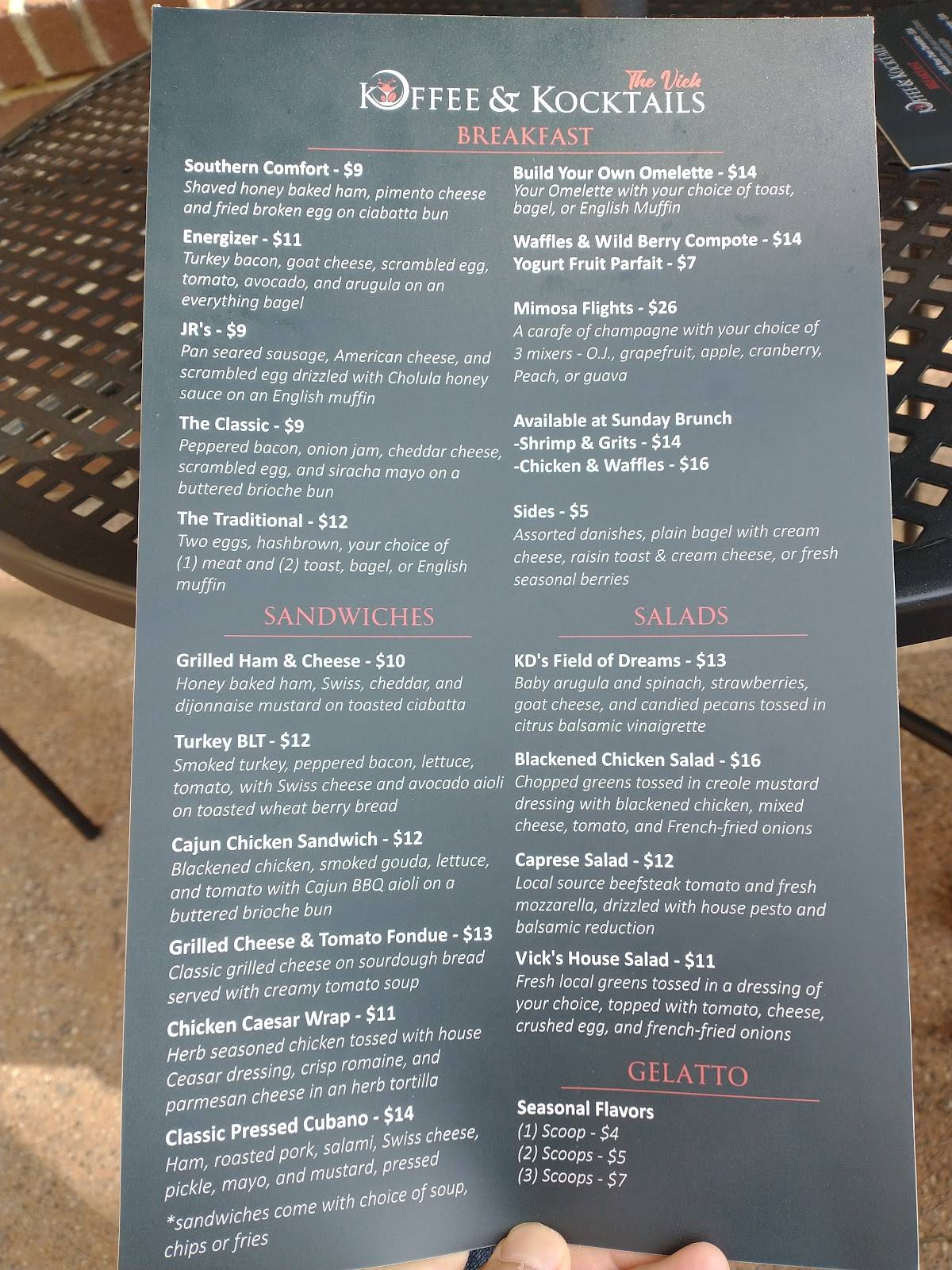 Menu at "The Vick" Vickers Koffee & Kocktails restaurant, Roswell