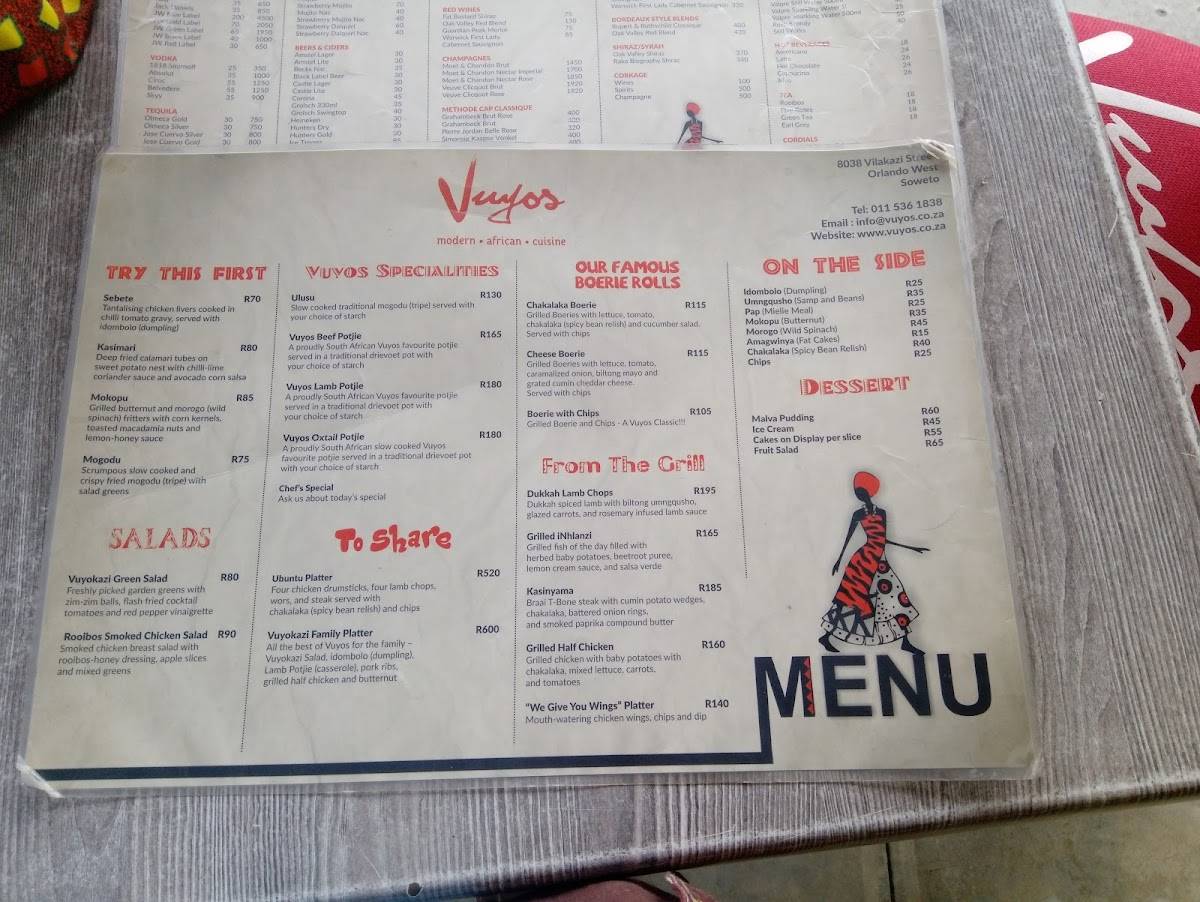 Menu at Vuyos Restaurant, Soweto, Vilakazi St