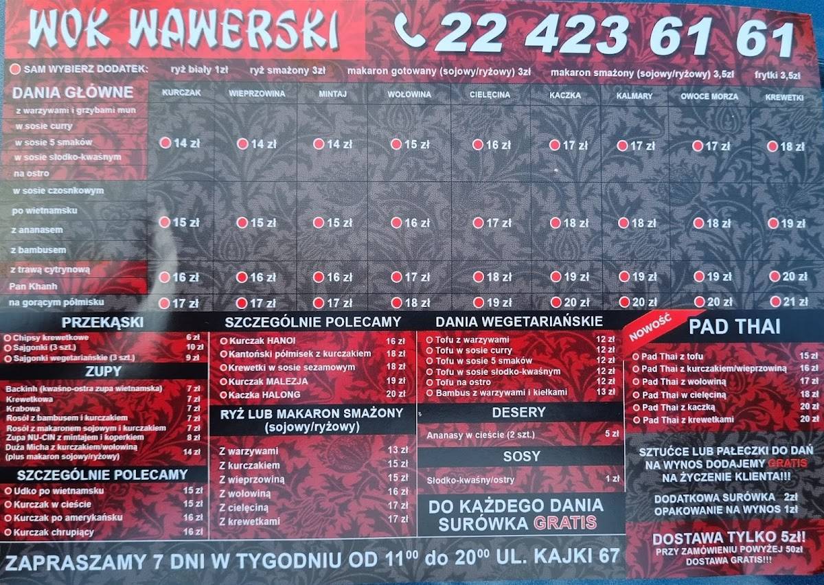 Menu at WOK WAWERSKI restaurant, Warsaw
