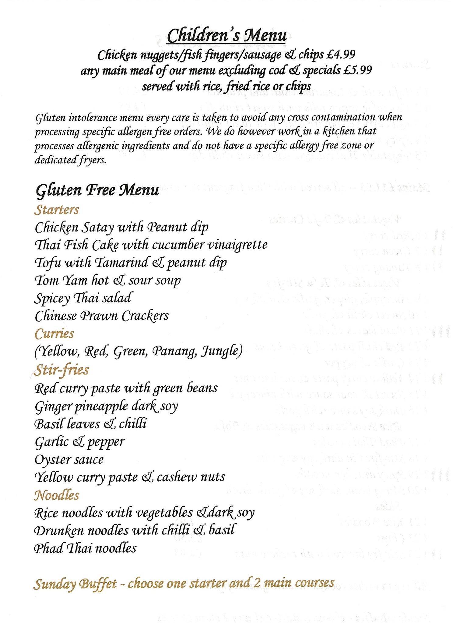 Menu at Y'Thai restaurant, Stokesley