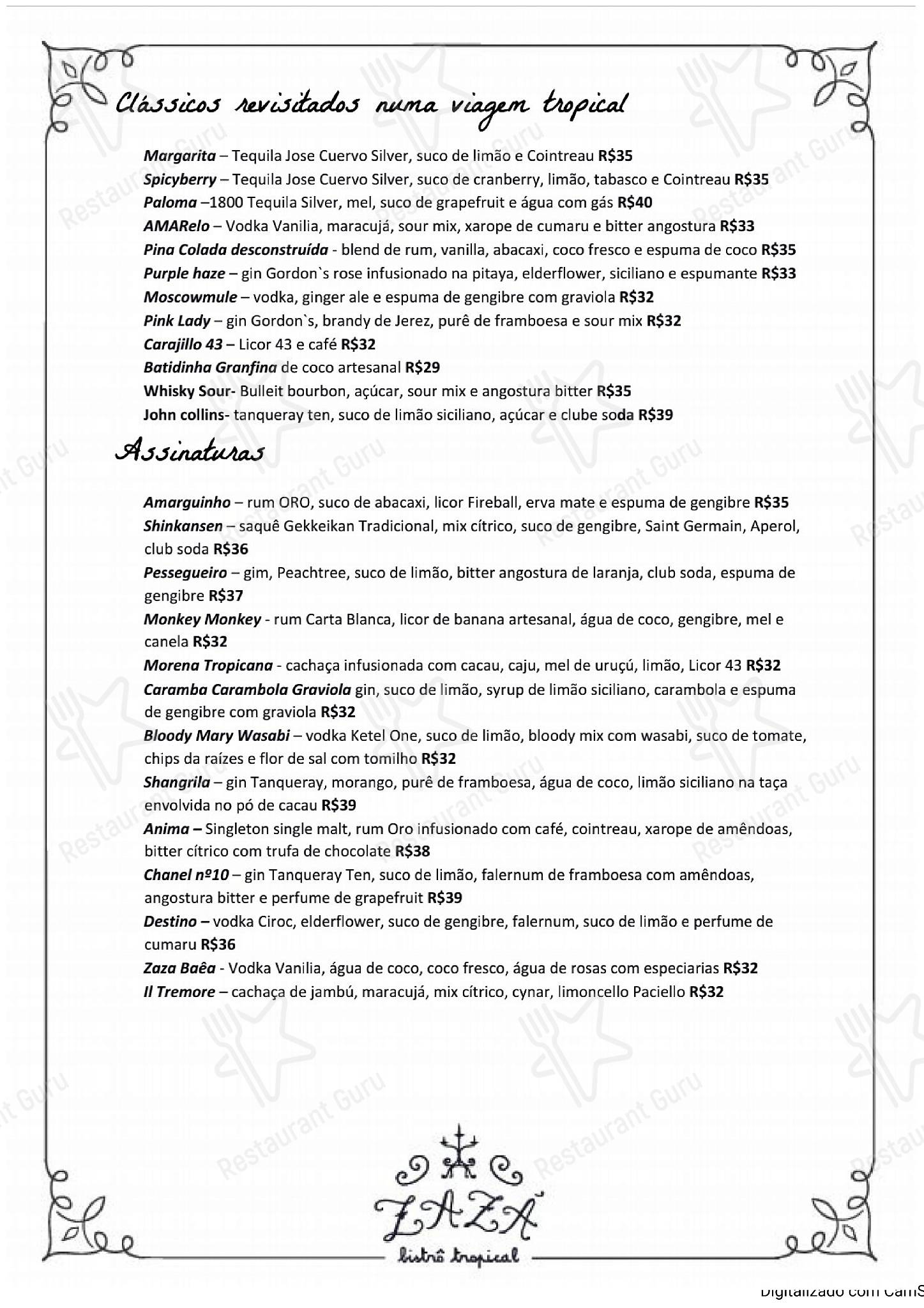 Menu at Zazá Bistrô Tropical restaurant, Rio de Janeiro