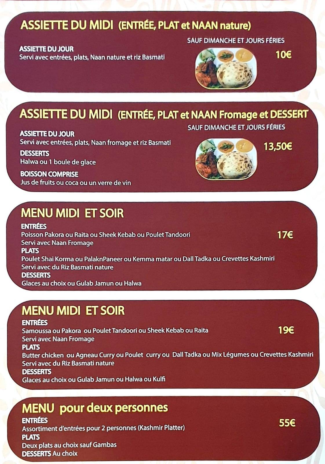 Menu au Restaurant indien Jaipur Palace, Arles