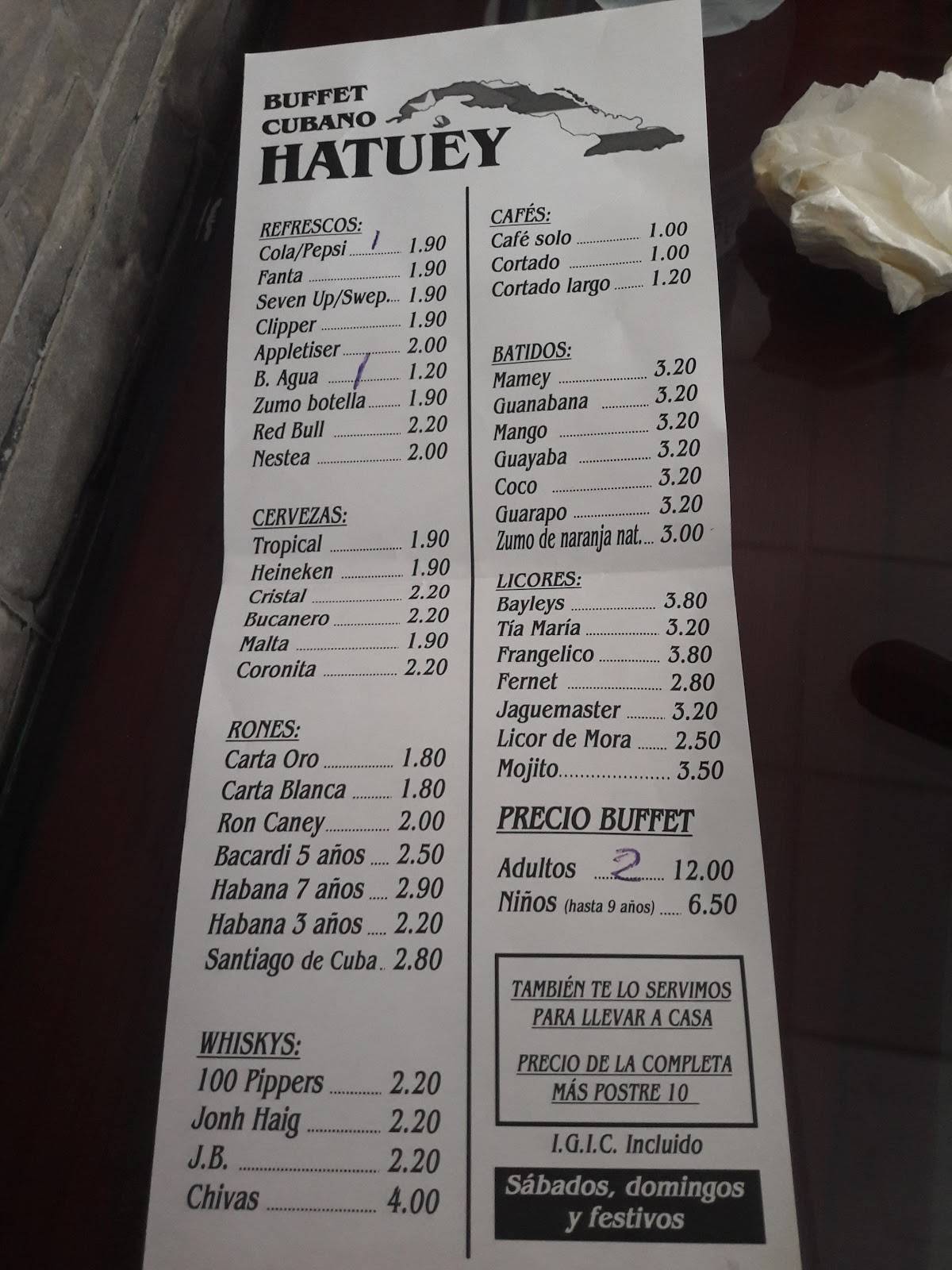 Carta de Restaurante Buffet Cubano Hatuey, Vecindario