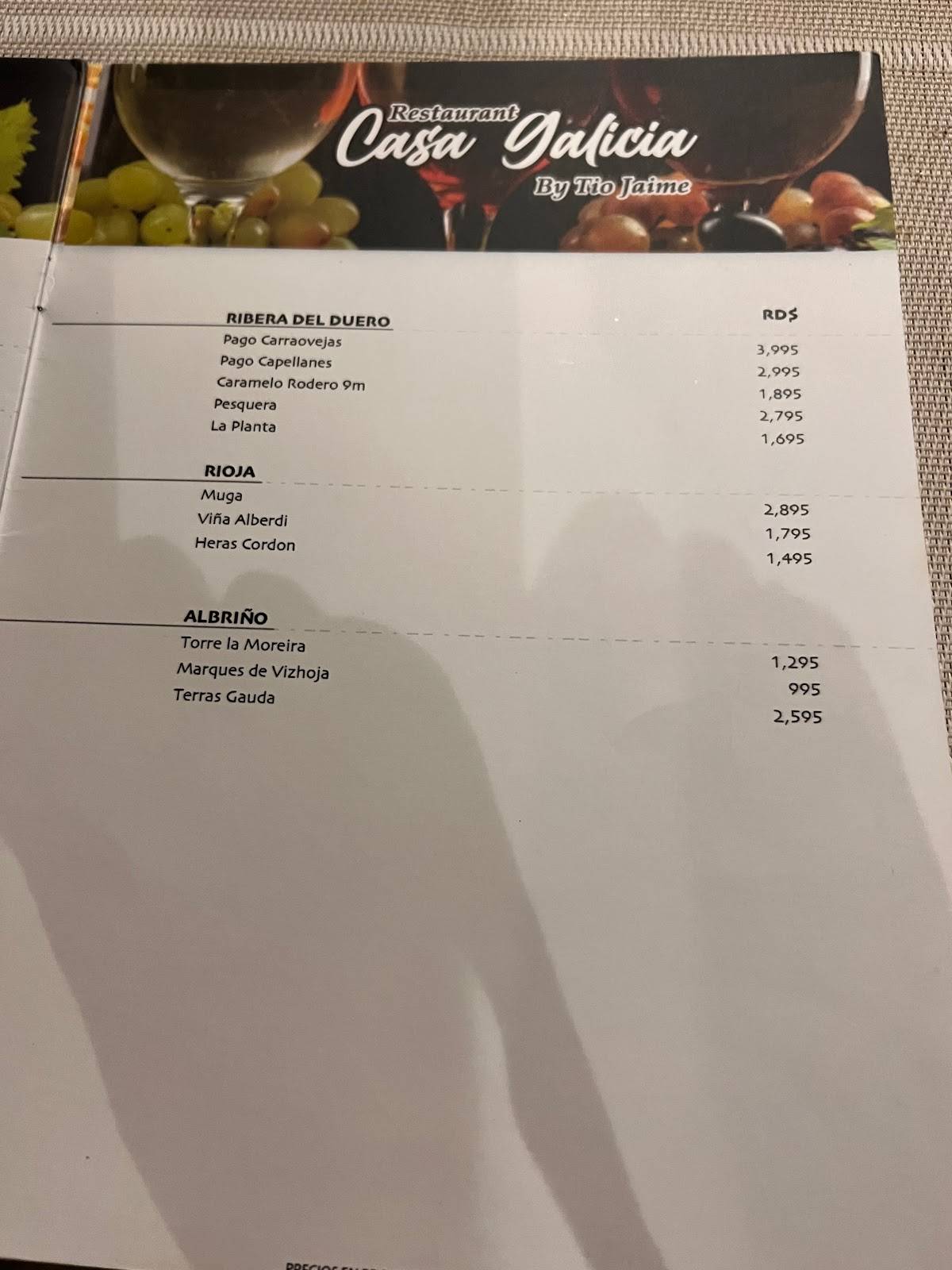 Carta de Restaurante Casa Galicia By Tio Jaime, Punta Cana, Ocean Dr