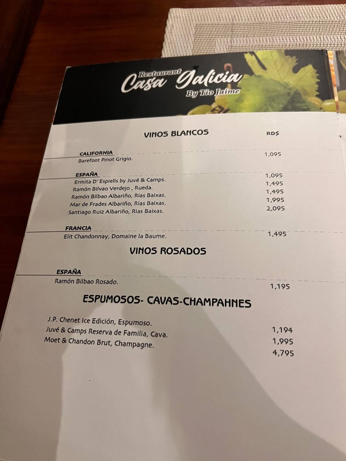 Carta de Restaurante Casa Galicia By Tio Jaime, Punta Cana, Ocean Dr
