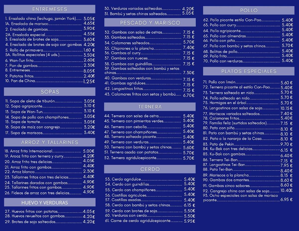 Carta de Restaurante Chino Internacional, Burgos