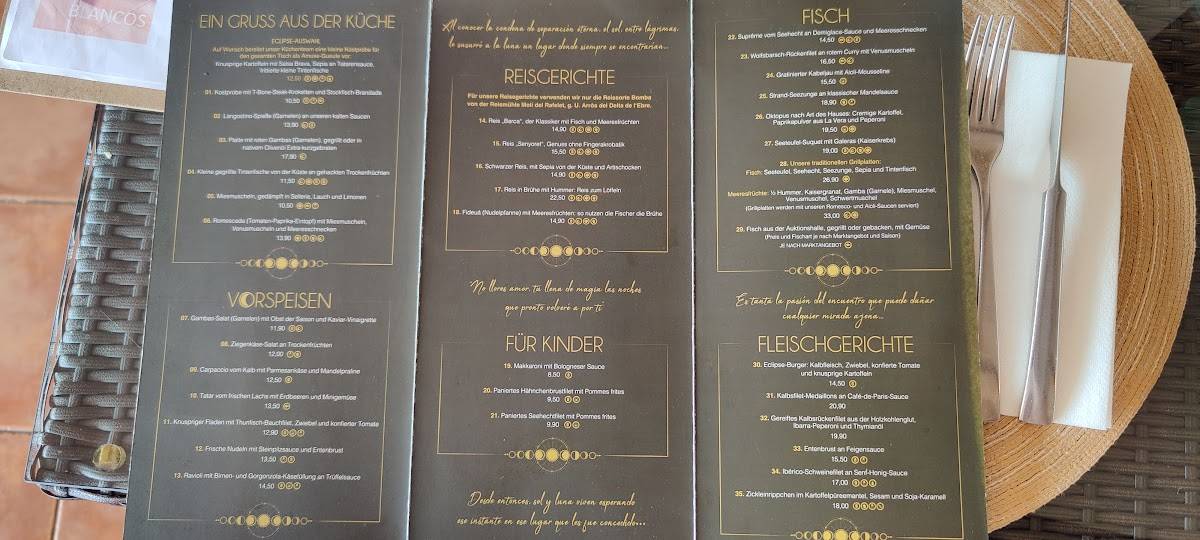 Carta de Restaurant Eclipse Playa Cristal, Miami Playa