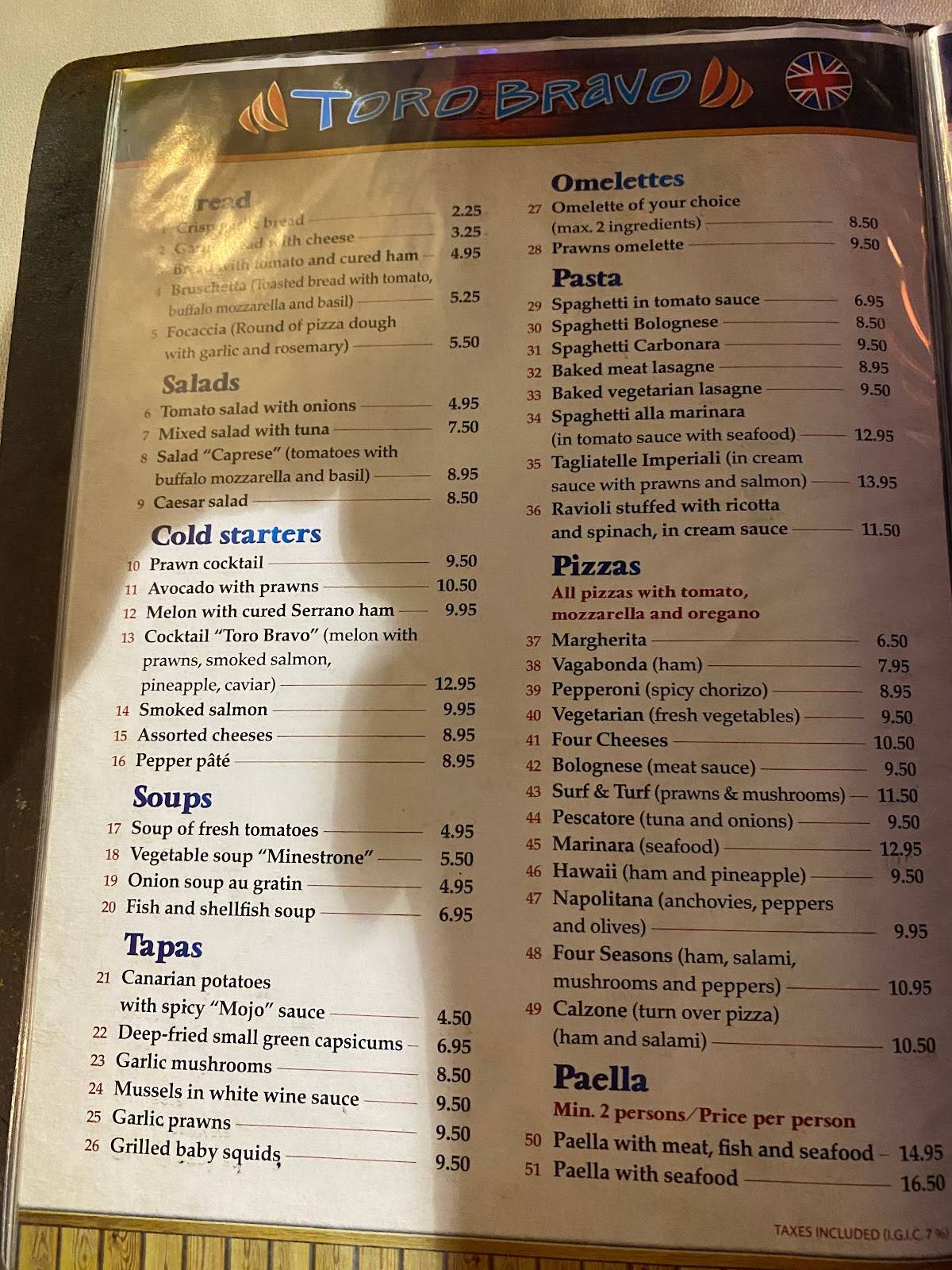 Menu at Restaurante Grill Toro Bravo, Puerto Rico de Gran Canaria