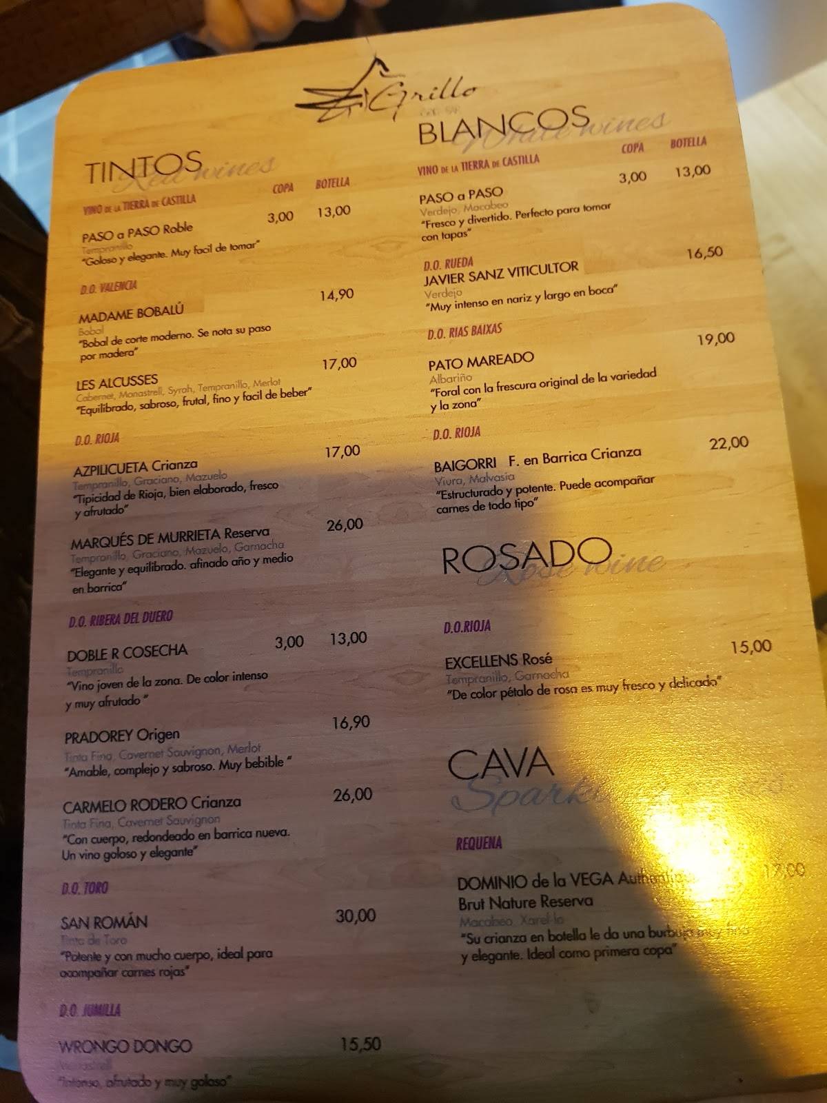 Menu at Restaurante Grillo Grill Bar, Valencia