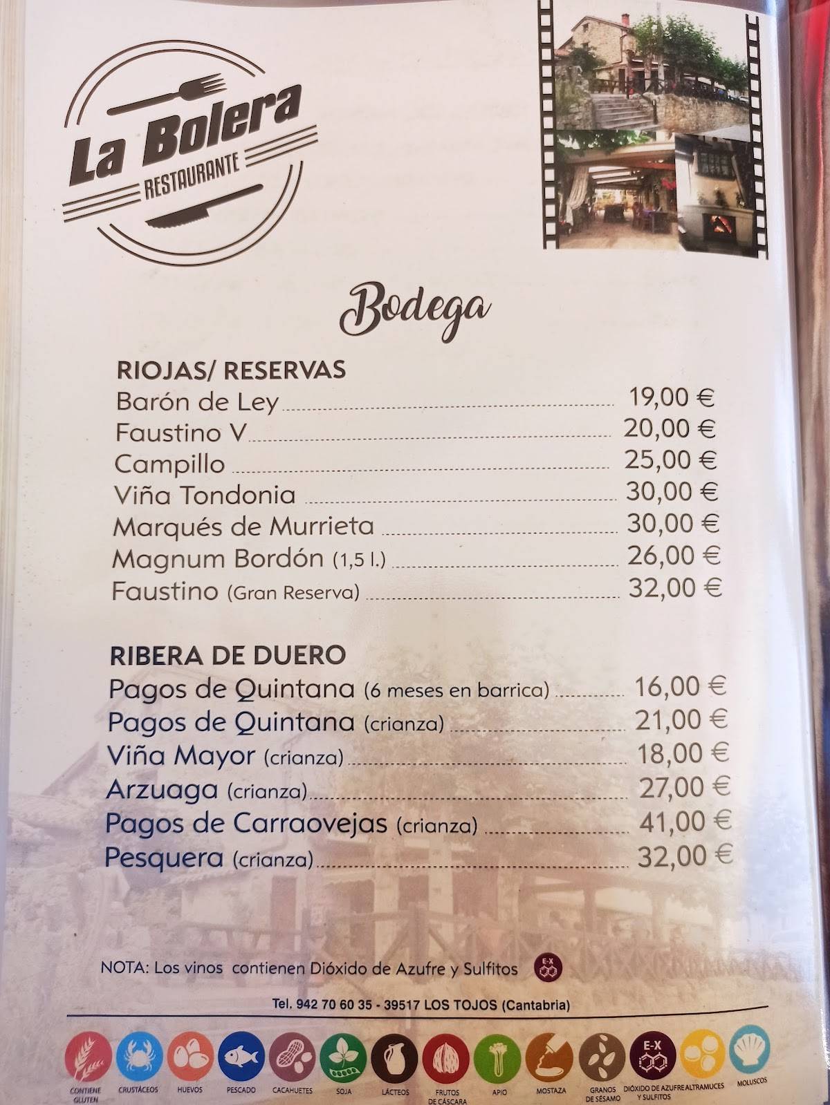 Carta de Restaurante La Bolera, Los Tojos