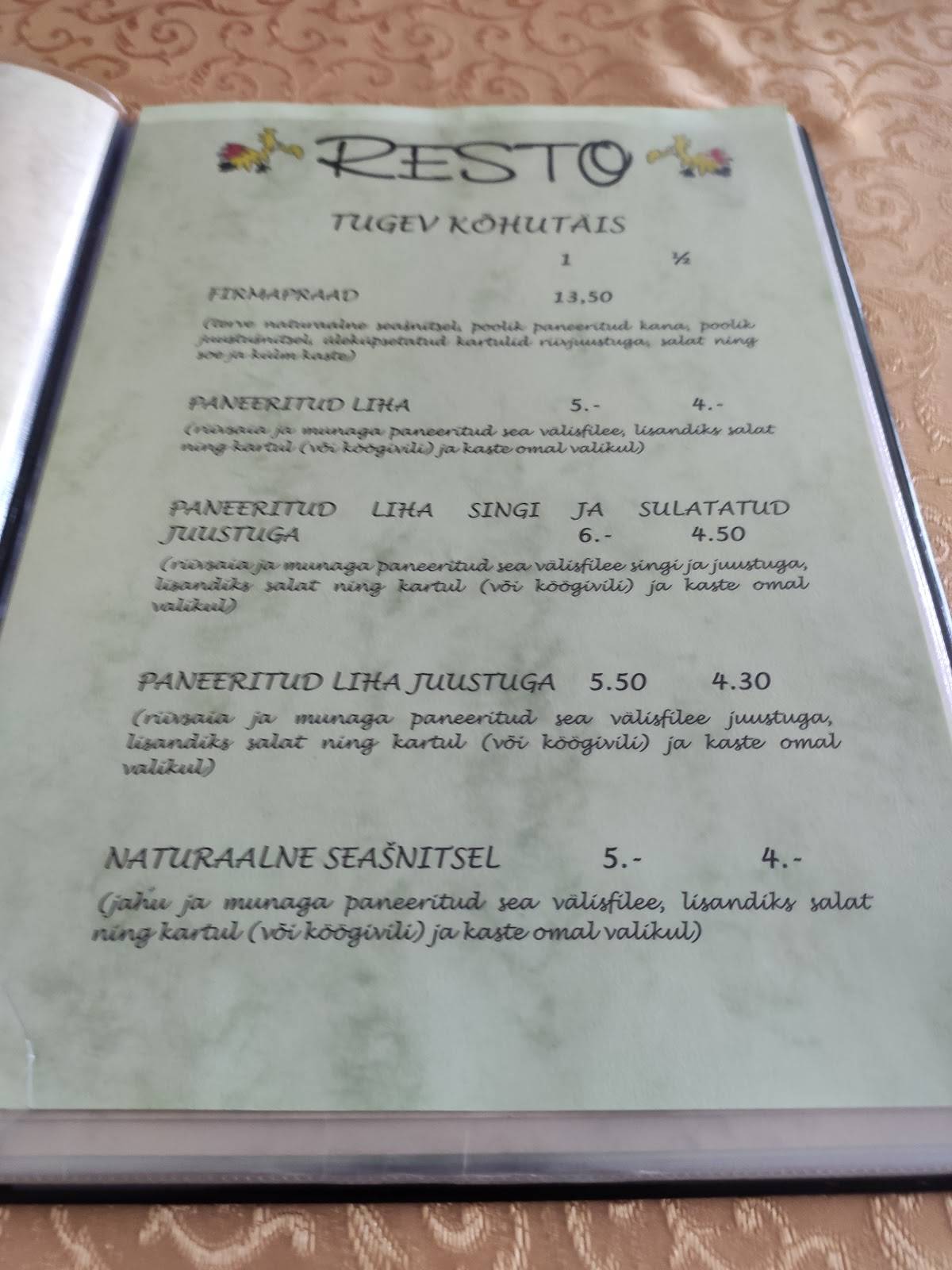 Menu at Resto restaurant, Kilingi-Nõmme