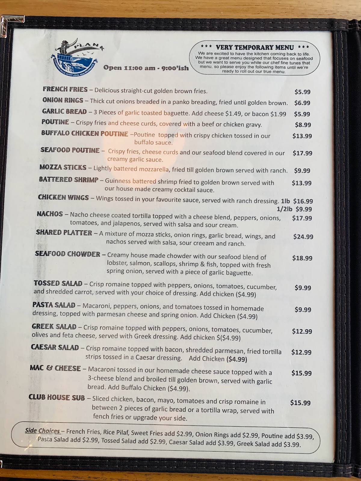 Menu at Reversing Falls Restaurant, Saint John Visitor Centre, Saint John