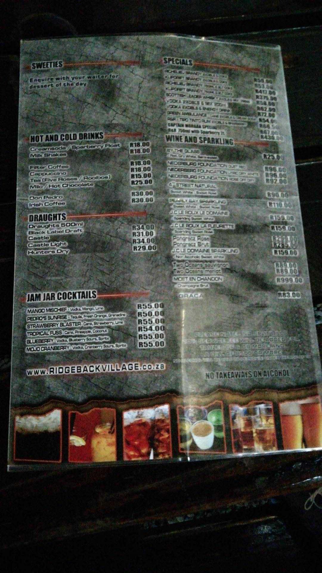 Menu at Ridgeback Village Restaurant, Pretoria, 129 South St
