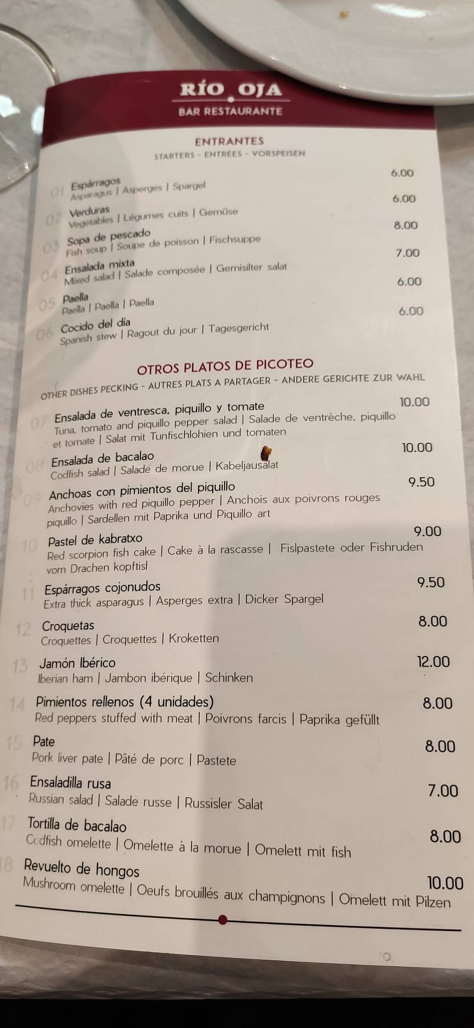 Menu at Rio-Oja Restaurant, Bilbao
