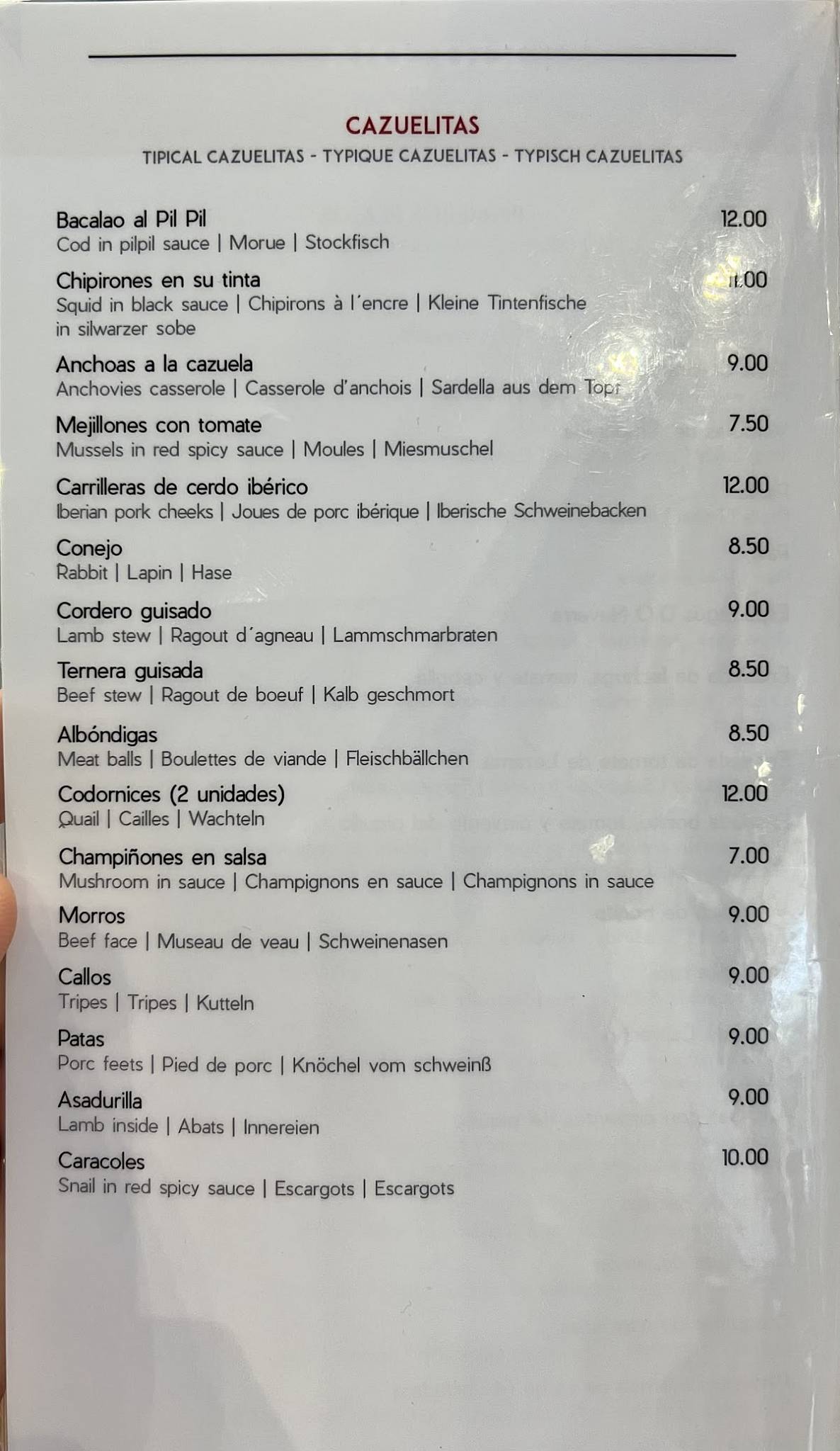 Menu at Rio-Oja Restaurant, Bilbao