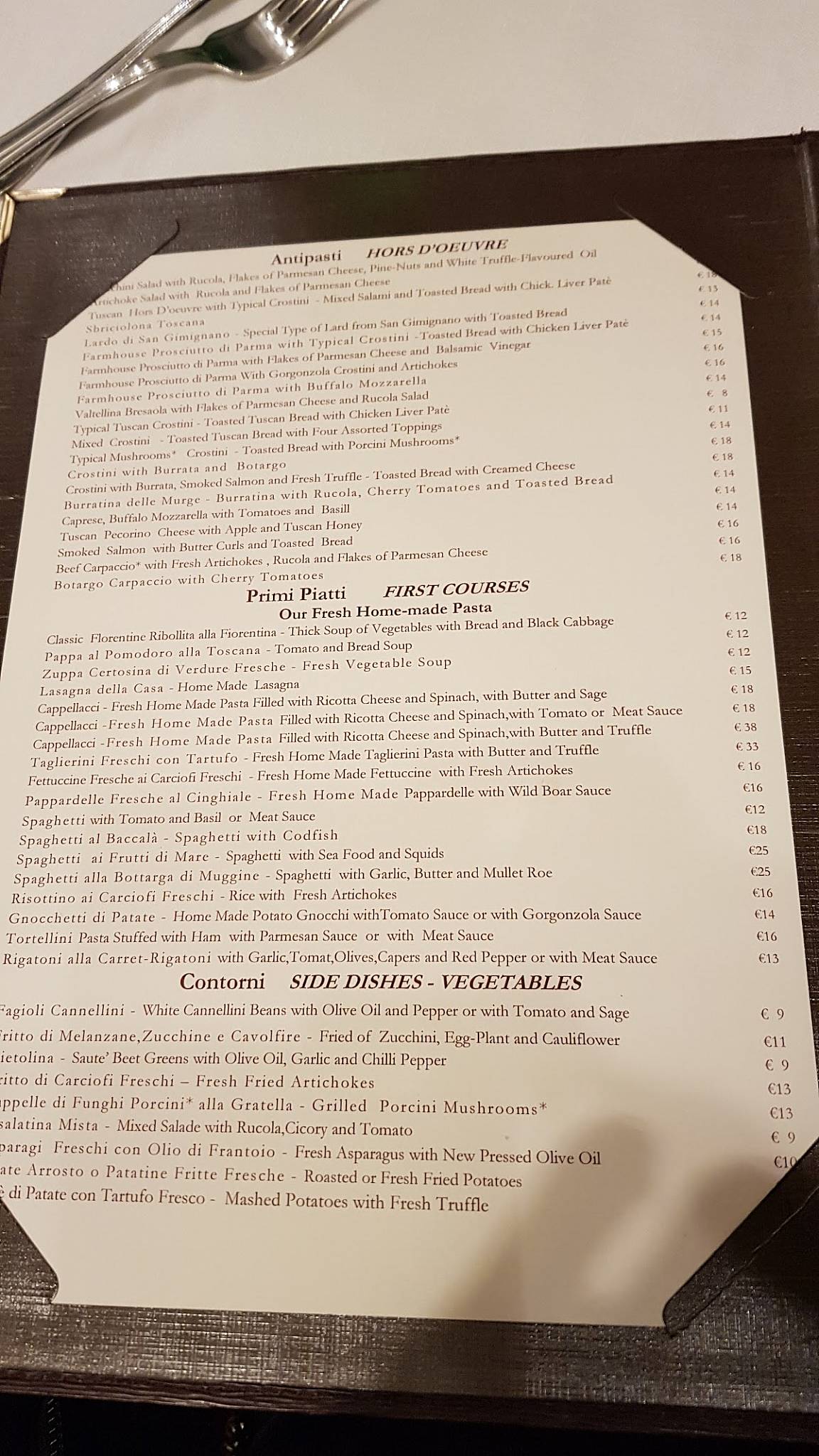 Menu da Ristorante Buca Mario, Firenze