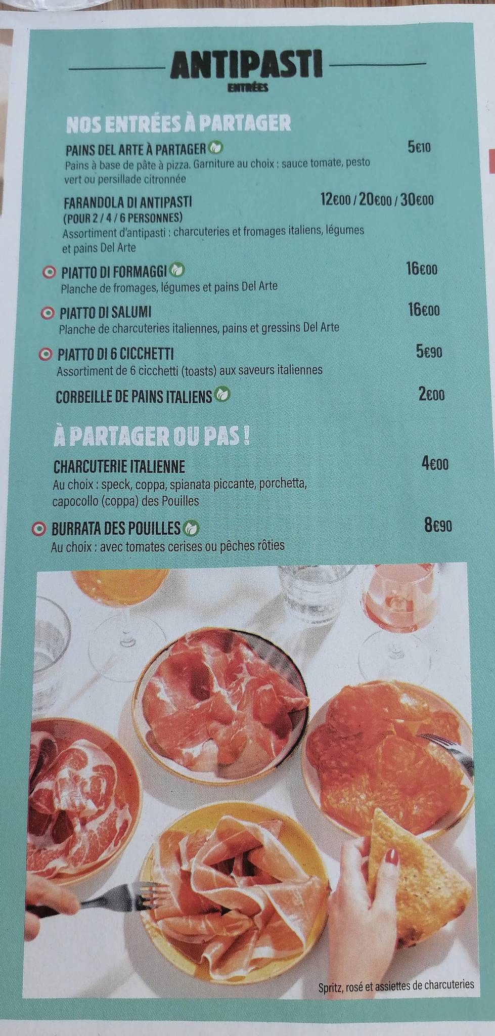 Menu au Del Arte restaurant, Roques