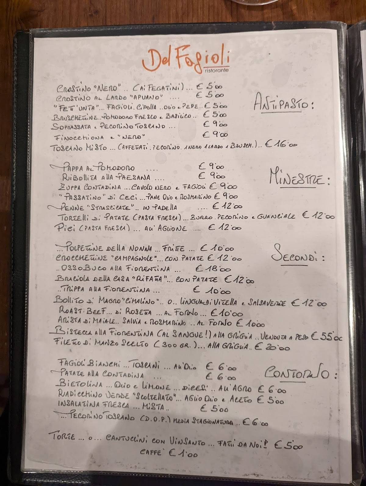 Menu at Ristorante del Fagioli, Florence, Corso dei Tintori