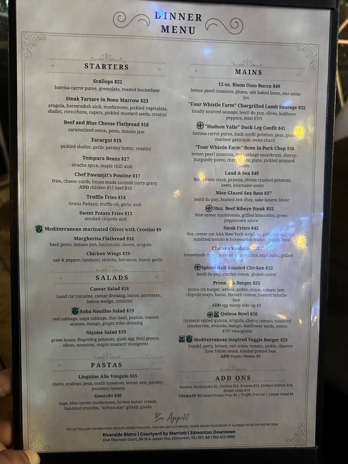 Menu at Riverside Bistro restaurant, Edmonton, 1 Thornton Ct NW