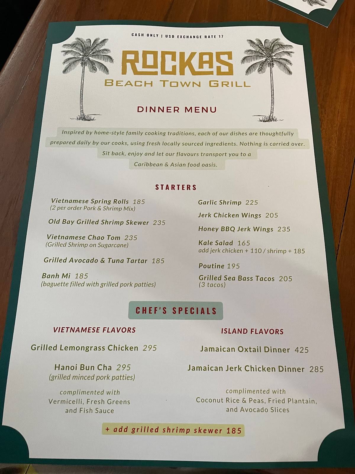 Menu at Rockas Jamaican Kitchen restaurant, Playa del Carmen