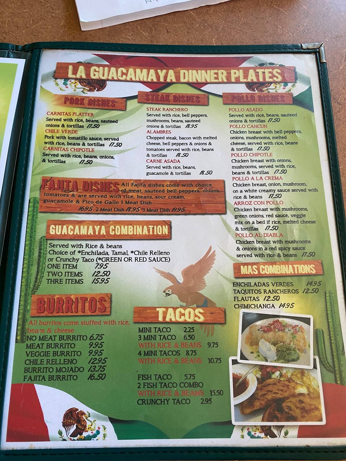 Menu at Taqueria La Guacamaya restaurant, Rogue River, Rogue River Hwy