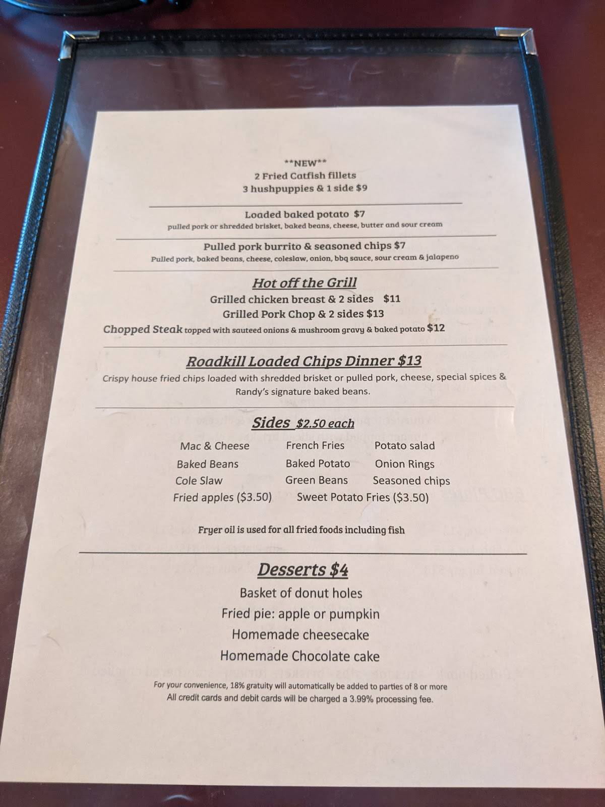 Menu at Randy's Roadkill BBQ & Grill, Rolla