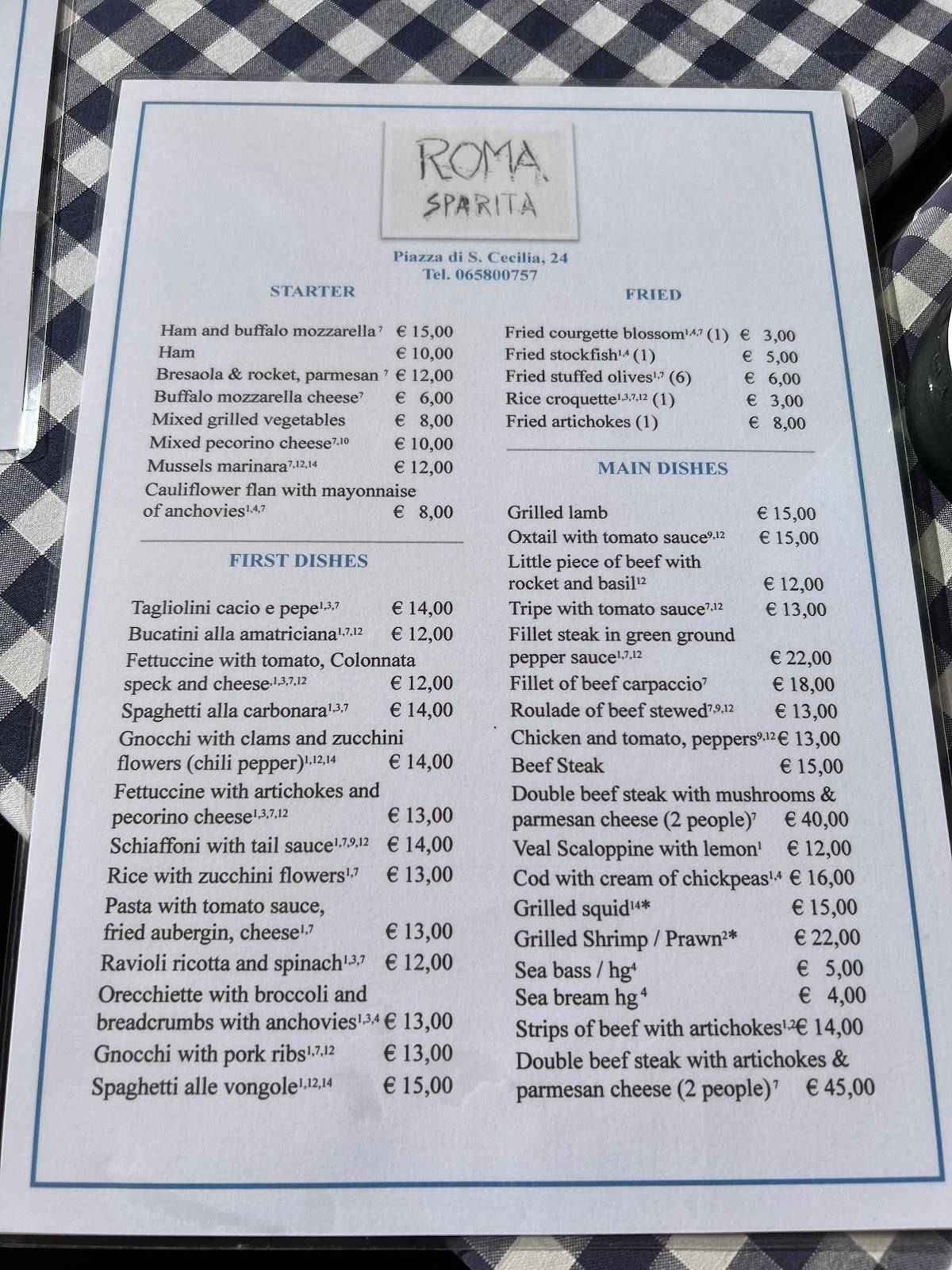 Menu da Roma Sparita pizzeria, Roma, Piazza di Santa Cecilia